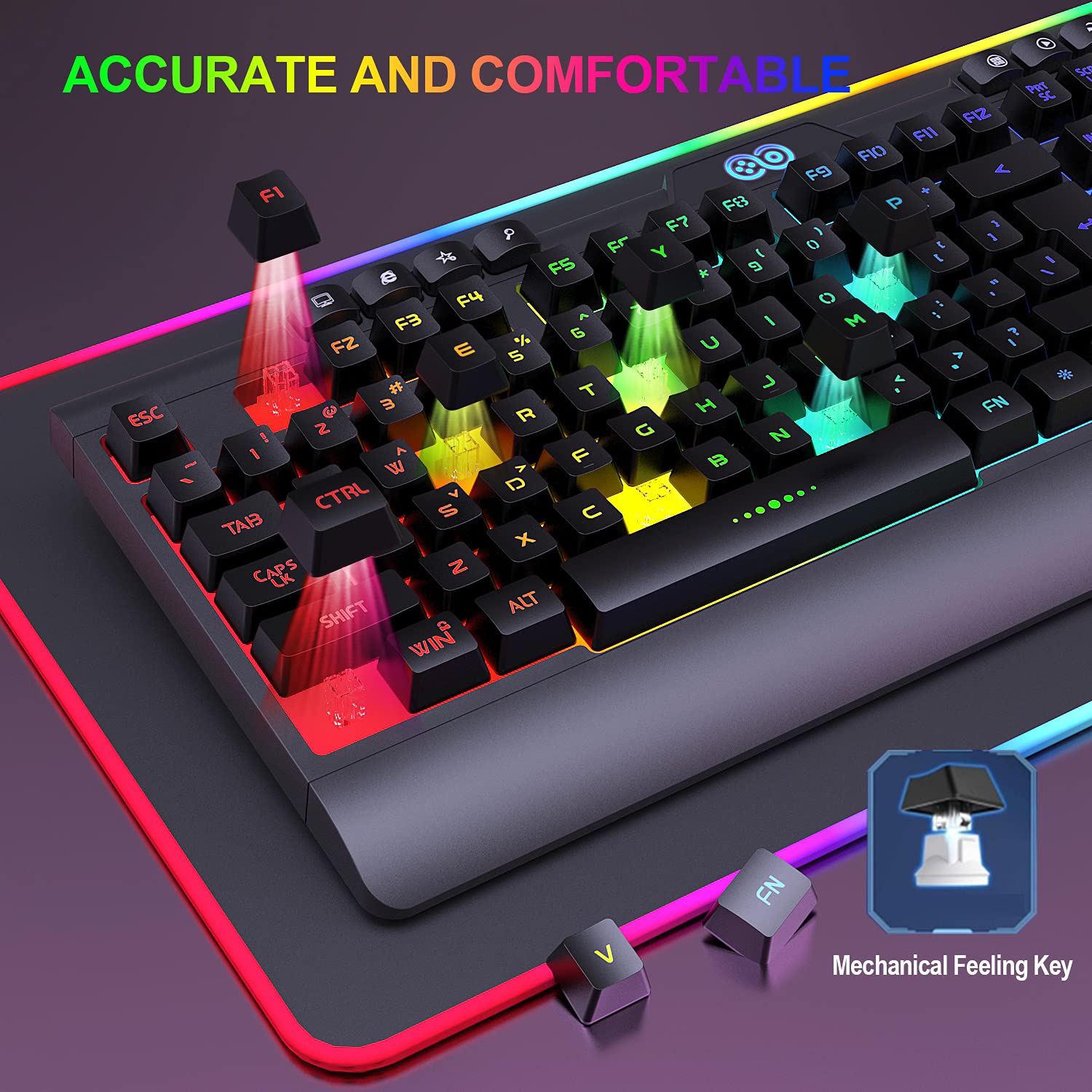 HETOETF Wireless Gaming Keyboard and Mouse Combo with Rainbow LED Backlit Rechargeable 4000mAh Battery Mechanical Ergonomic Waterproof Dustproof 7 Color Mice for Computer PC Mac Gamer (Black)