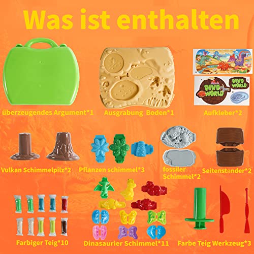 VConejo 2 in 1 Dinosaur Color Dough Toys, 37 Pieces Dino Theme Color Dough Tools and molds Accessories with Volcano and Fossils for Boys and Girls