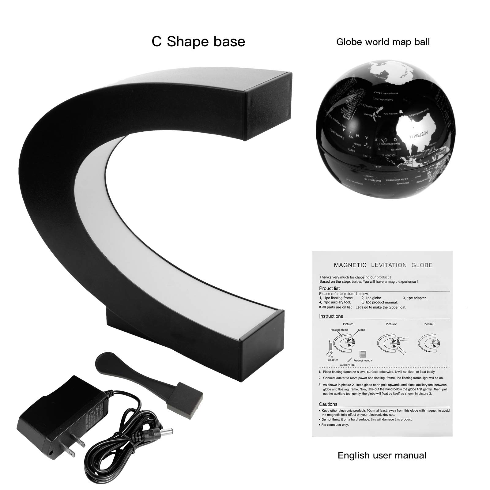Gresus Magnetic Levitation Floating World Map Globe with C Shape Base, Floating Globe with LED Lights, Great Fathers Students Teacher Business Boyfriend Birthday Gift for Desk Decoration (Black)