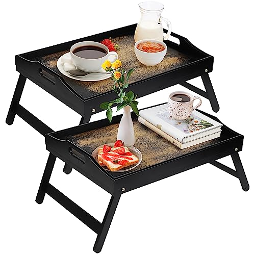 TURSTIN 2 Packs Bed Tray Bamboo Bed Trays Table with Folding Legs Breakfast in Bed Portable Food Serving Lap Tray with Handles for Eating Snack Laptop Working Bed Sofa Kitchen Bedroom, Black
