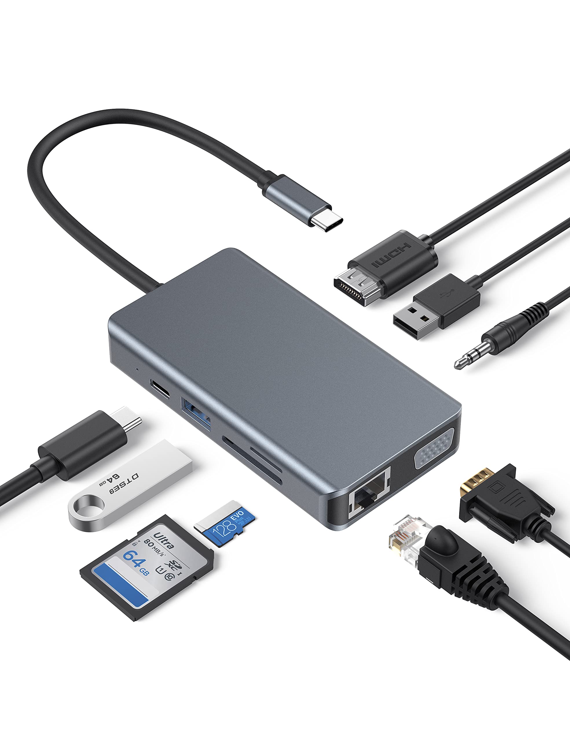 USB C Hub, 9-in-1 USB C Hub Multiport Adapter with USB 3.0, 4K HDMI, 100W PD Charging, SD/TF Card Reader, RJ45 Ethernet, VGA and Audio Jack, Hurple USB-C Hub for MacBook Pro iPad Pro and More