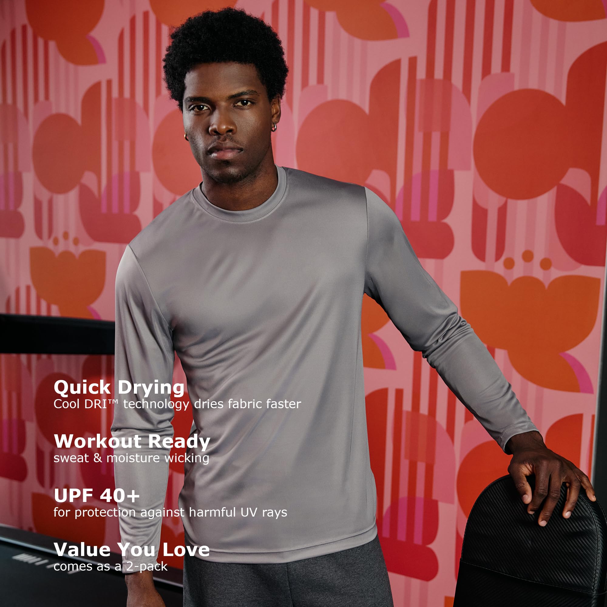 Hanes mens Long Sleeve Cool Dri T-shirt Upf 50+ (Pack of 2) athletic shirts, Black, Large US