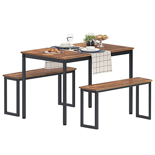 SogesHome 3-Piece Kitchen Dining Room Table Sets, 45ββ Table and 2 Benches for 4, Space-Saving Table Set for Restaurant, Coffee Shop, Living Room, Small Space