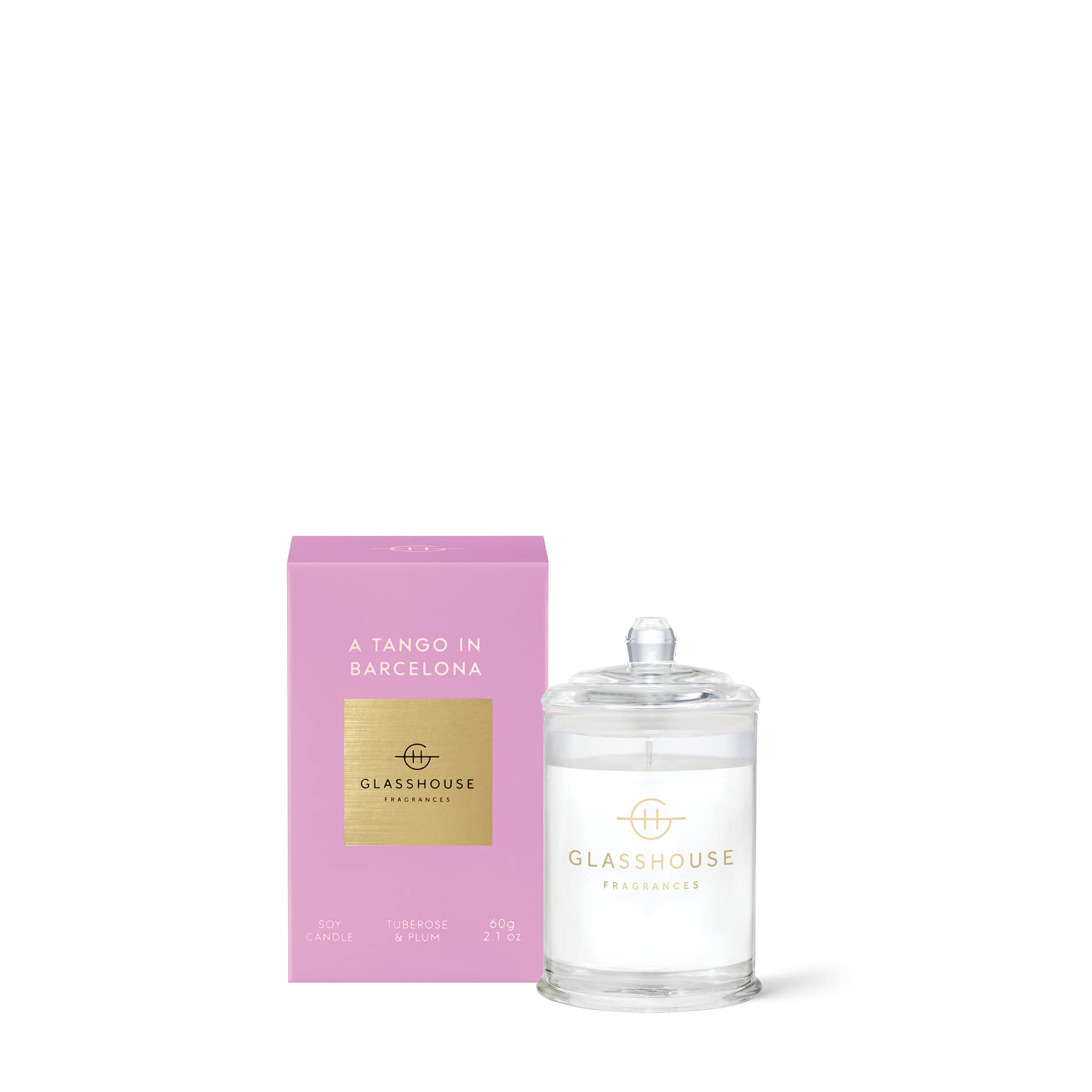 Glasshouse Fragrances A Tango in Barcelona Candle, Triple Scented Natural Soy Wax Blend & Glass Jar, 20 Hour Burn Time, Tuberose & Plum, 2.1 Oz (60g)