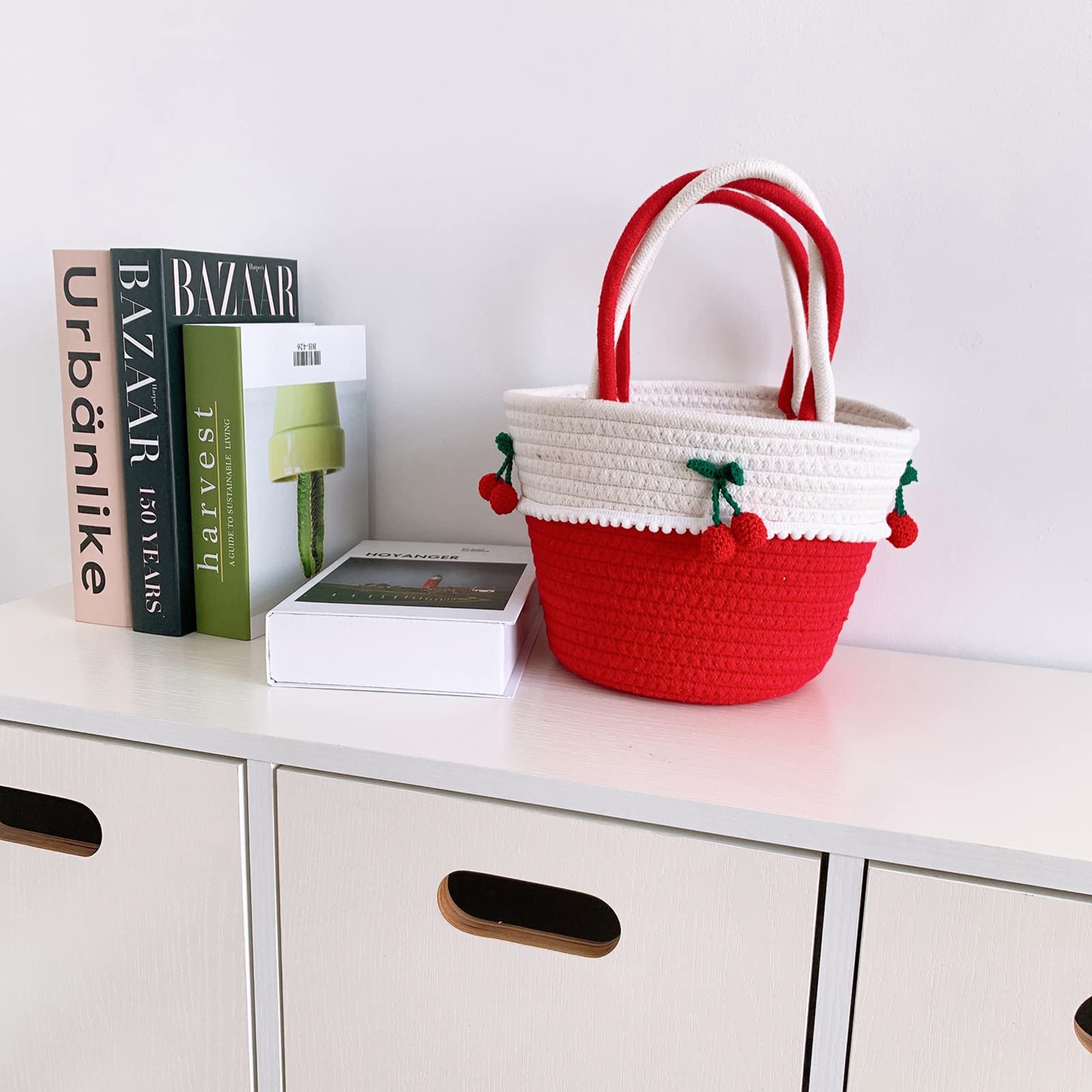 LOHGOU Women Girls Handwoven Cotton Handbag Cute Cherry Tote Bag Summer Beach Purse (Red)