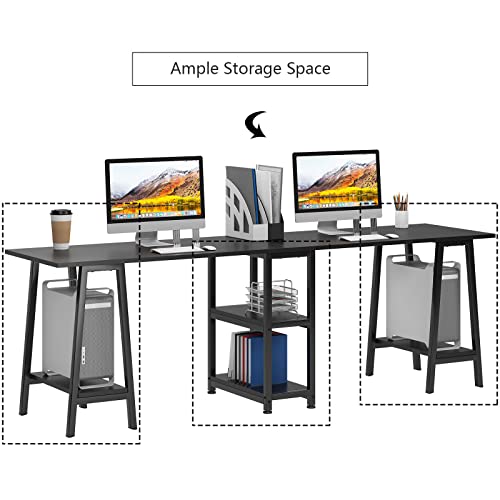 SogesHome 94.5’’ Two Person Desk, Double Computer Desk with Storage 2-Tier Shelf, Extra Long Large Gaming Desk, Office Study Writing Desk Workstation-94.5L’’x23.6W’’x29.5H’’(Black)