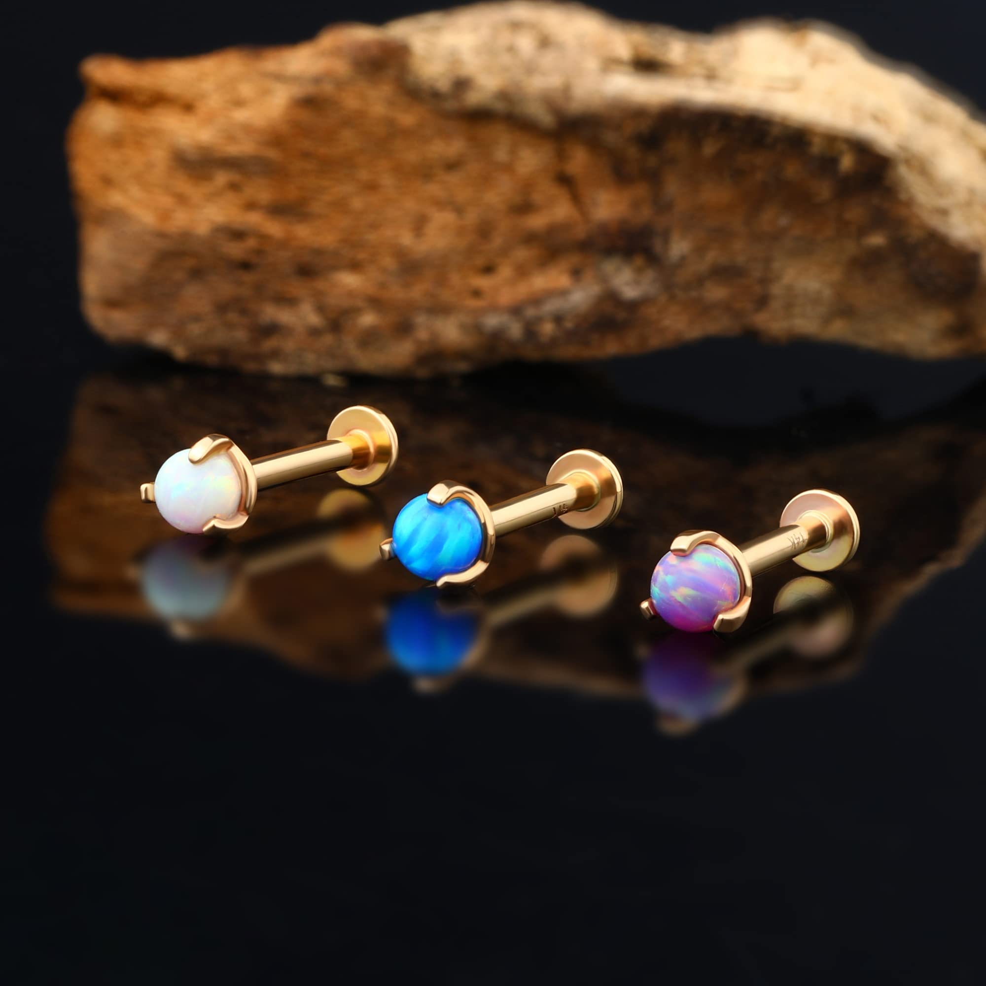 Jewseen 14K Gold Top Push in Threadless Cartilage Earring Opal Flat Back Stud Earring Nose Studs Labret Monroe Lip Piercing Jewelry G23 Titanium Helix Stud Tragus Earring Cartilage Piercing Jewelry