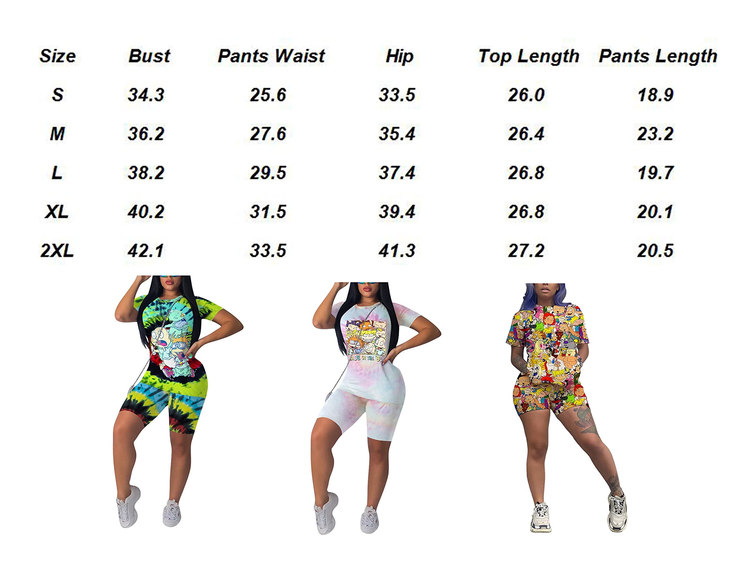 Heyreeg Women Biker Short Sets 2 Piece Outfits Summer Cute Tye Dye 90s Carton Shirt Bodycon Jumpsuits Track Suits White S