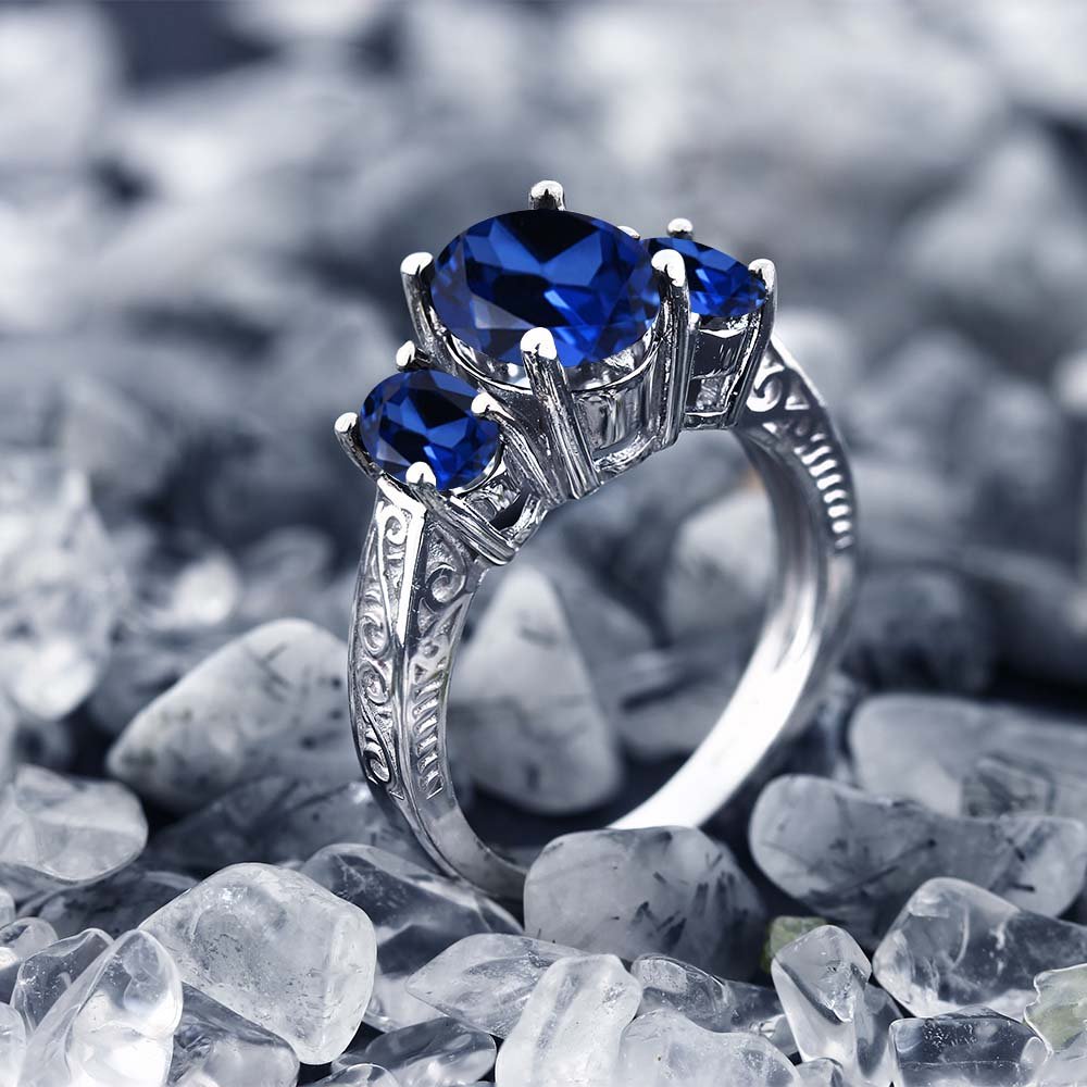 Gem Stone King 925 Sterling Silver Gemstone Birthstone 3-Stone Ring | Oval 9X7MM and 6X4MM | Three Stone Wedding Engagement Anniversary Promise Ring For Women