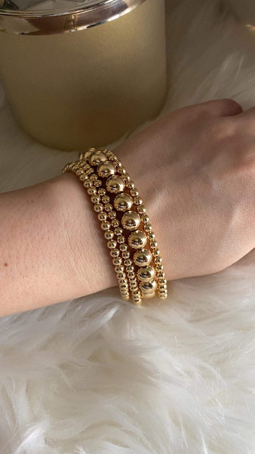 GLBCC Gold Beaded Bracelet Set for Women Stack 14 K real Gold Plated Ball Bracelets Elastic String Bracelet 4 mm 5 mm 6mm Small Beads Friendship Bracelet for Men (gold)