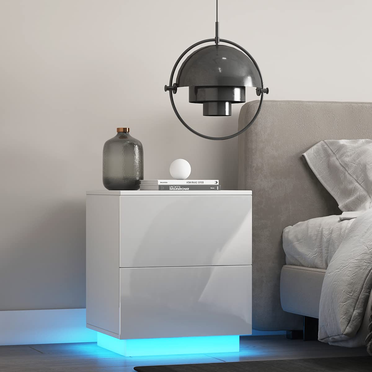 HALLOLURE LED Nightstand Modern LED Bedside Table High-end Fashion Side Table 2 High Gloss Drawers Shelf End Table Night Stand Storage Cabinet Bedroom Living Room (White)