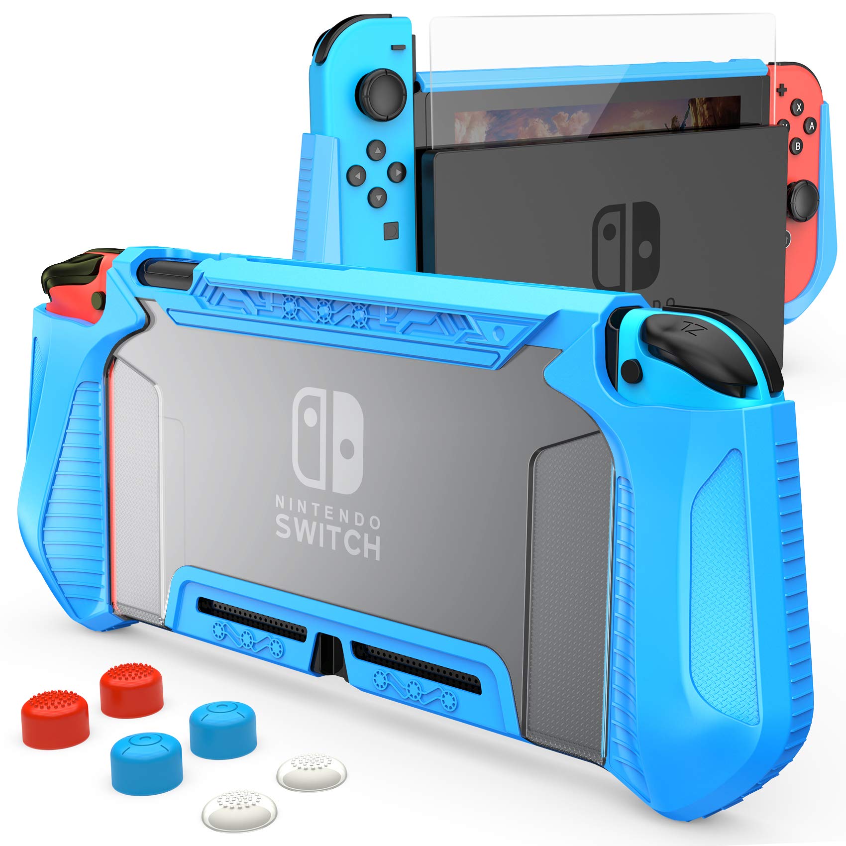 HEYSTOP Case Compatible with Nintendo Switch Case Screen Protector,TPU Protective Heavy Duty Cover Case for Nintendo Switch with Shock Absorption Transparent Blue