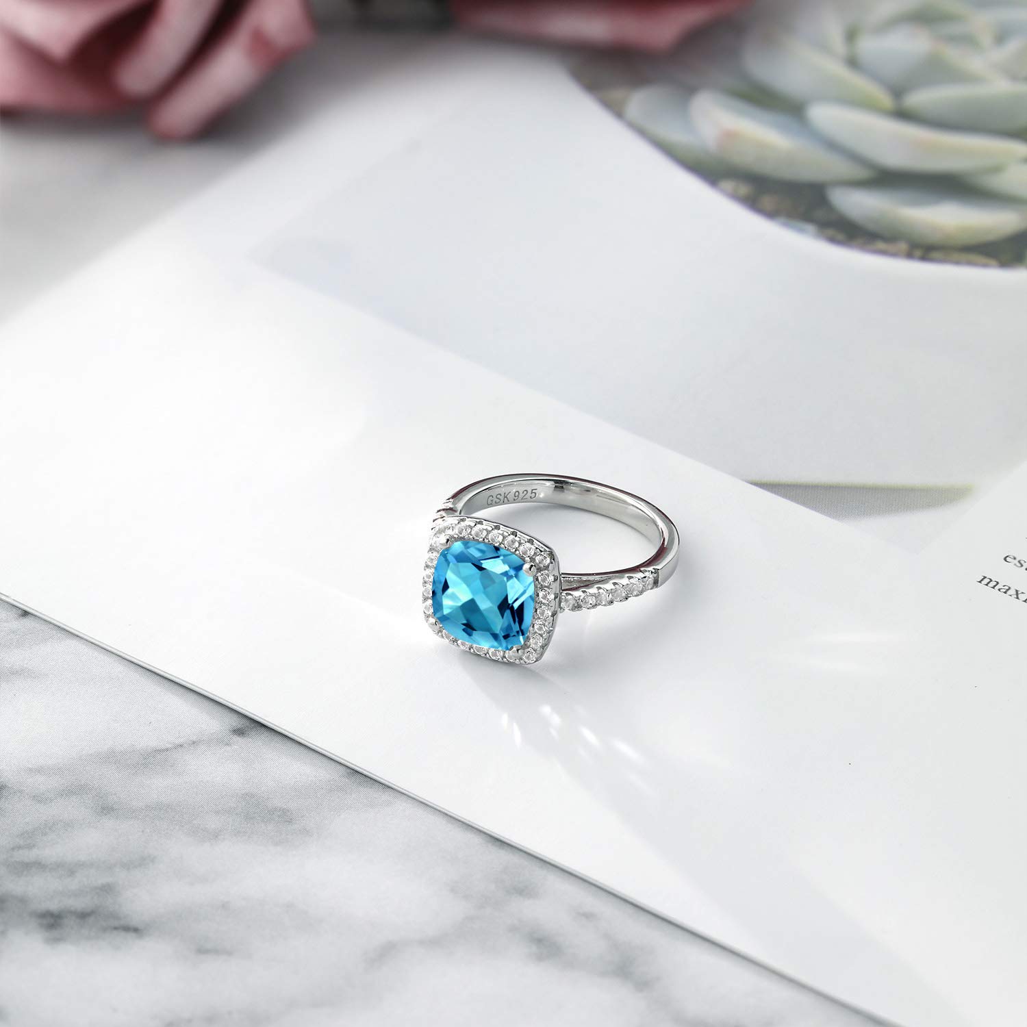 Gem Stone King 925 Sterling Silver Swiss Blue Topaz and White Created Sapphire Engagement Ring For Women (2.80 Cttw, Cushion Cut 8MM, Available in size 5, 6, 7, 8, 9)