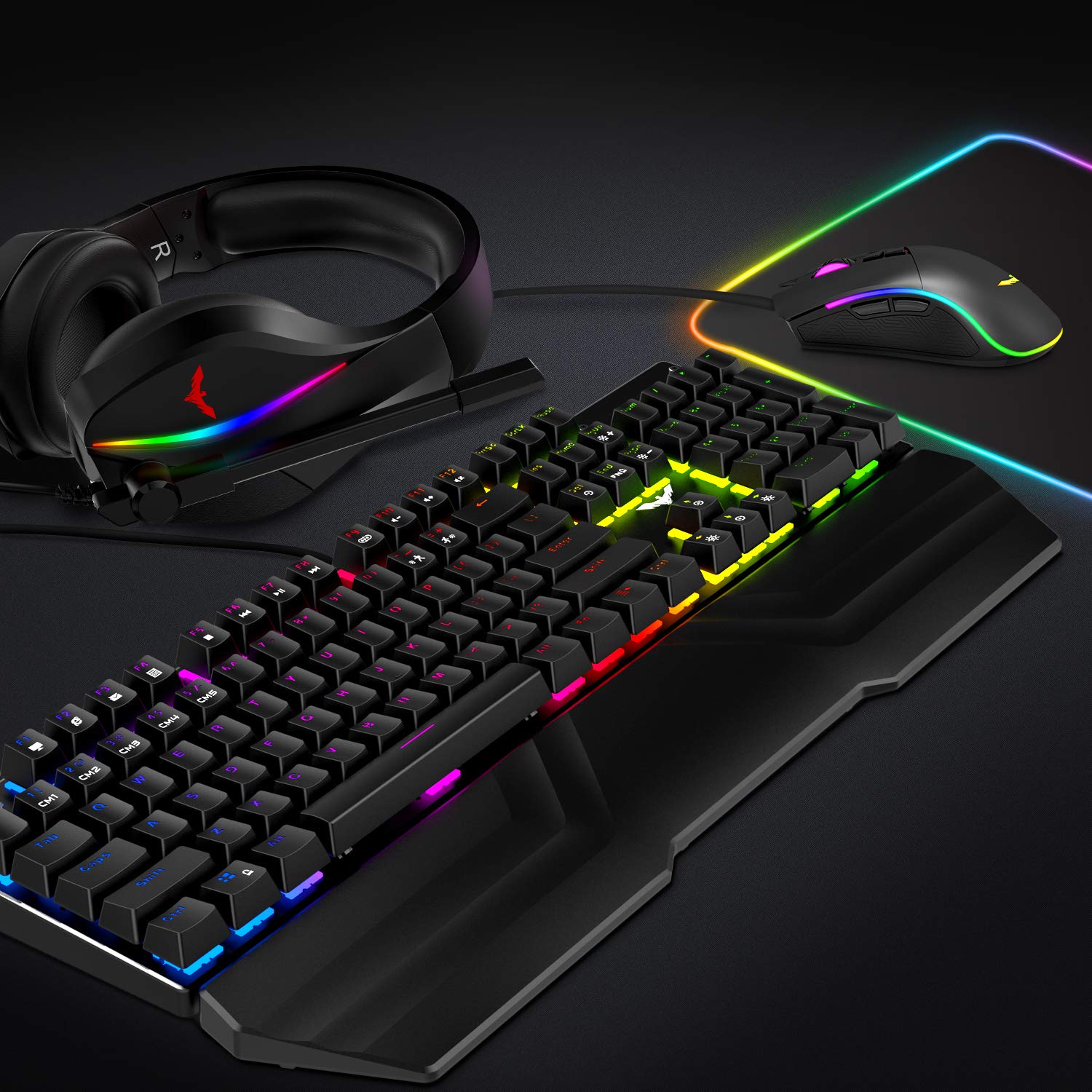 HAVIT Wired Mechanical Gaming Keyboard Mouse Headset Combo Kit, Blue Switch RGB Keyboards, Gaming Mouse & RGB Headphones PC Gamer Bundles for Windows Computer