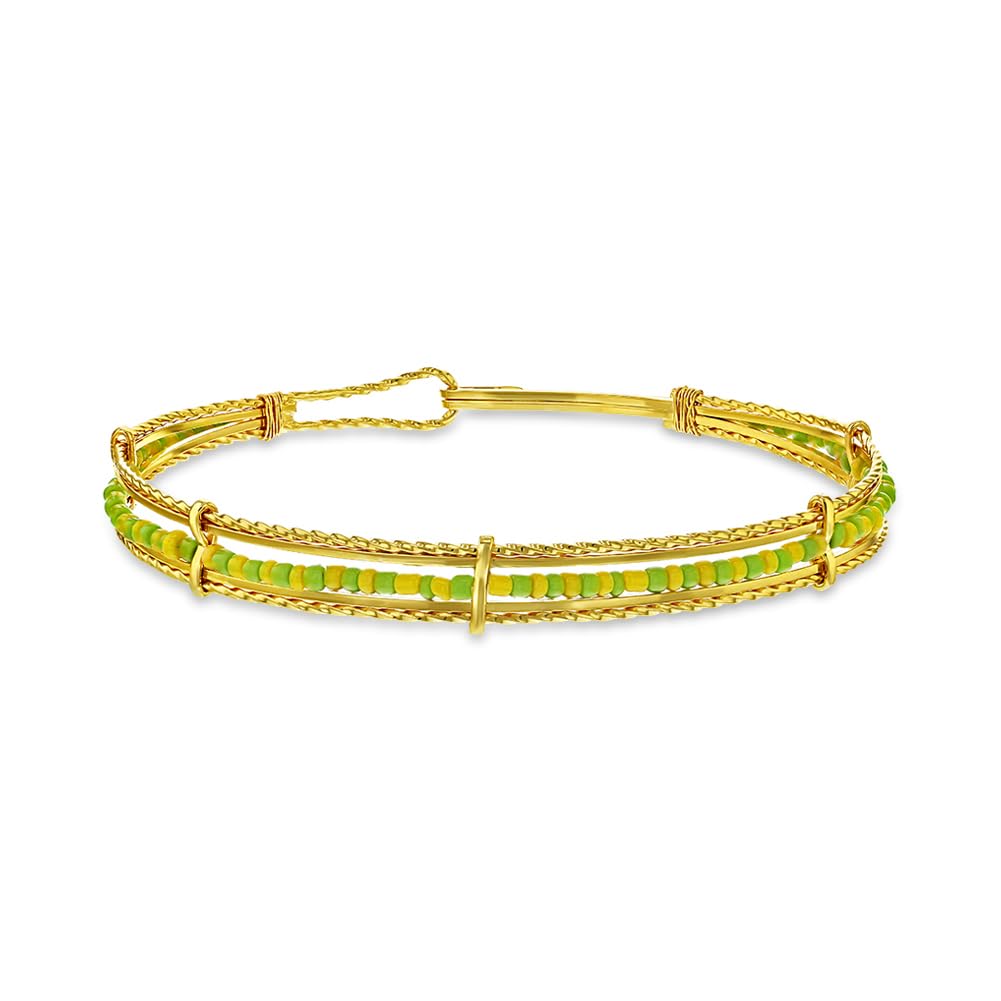 Gold Plated Babalawo Green and Yellow Beads Bangle Orula Bracelet for Women - Beautiful Gold Plated Orula Bangle Bracelet - Stylish Protection Jewelry for All Occasion