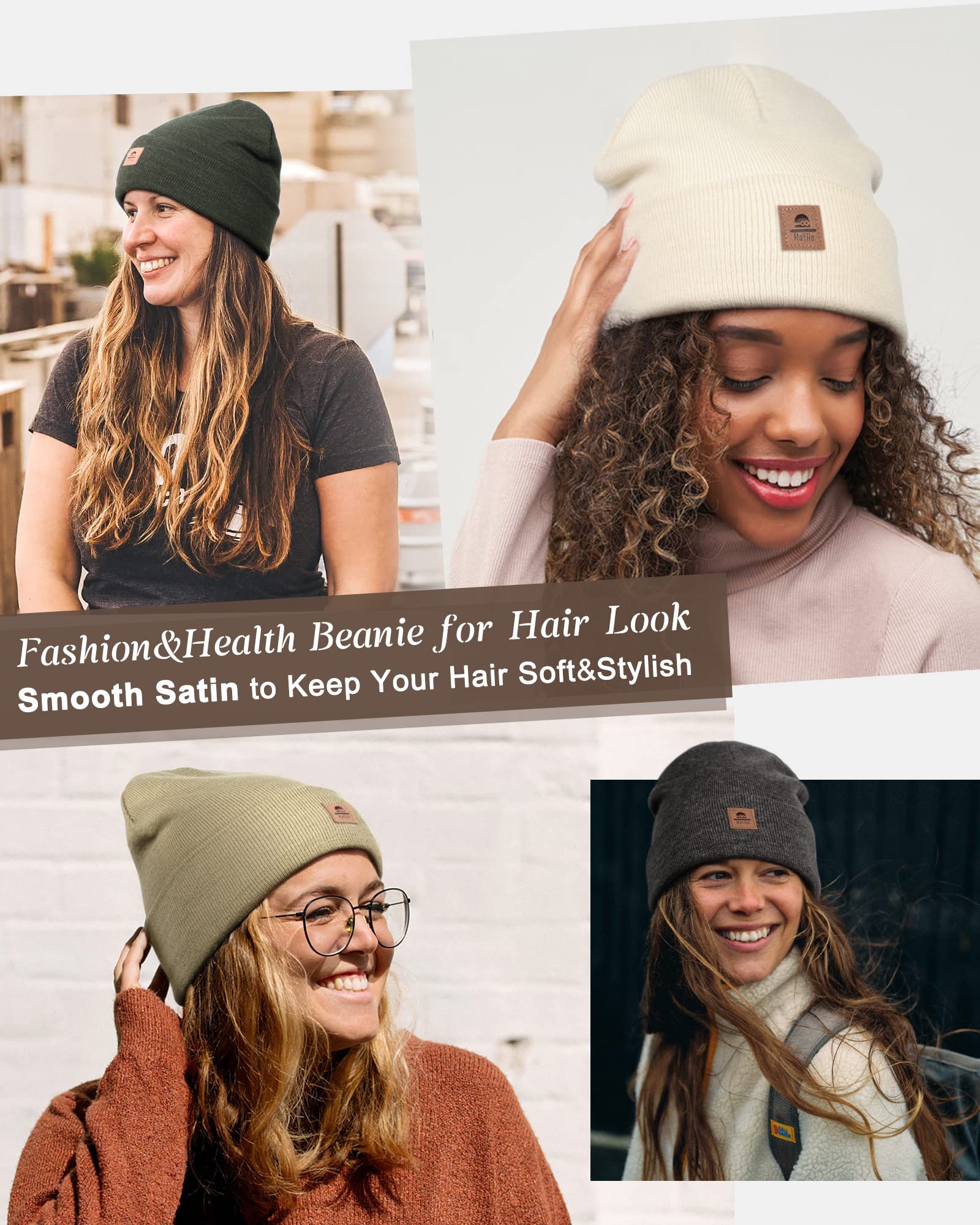 Hatiis Beanie Hat with Satin Lined for Women Men Cuffed Plain Skull Hat Unisex Winter Knit Cap Beanie for Women and Men