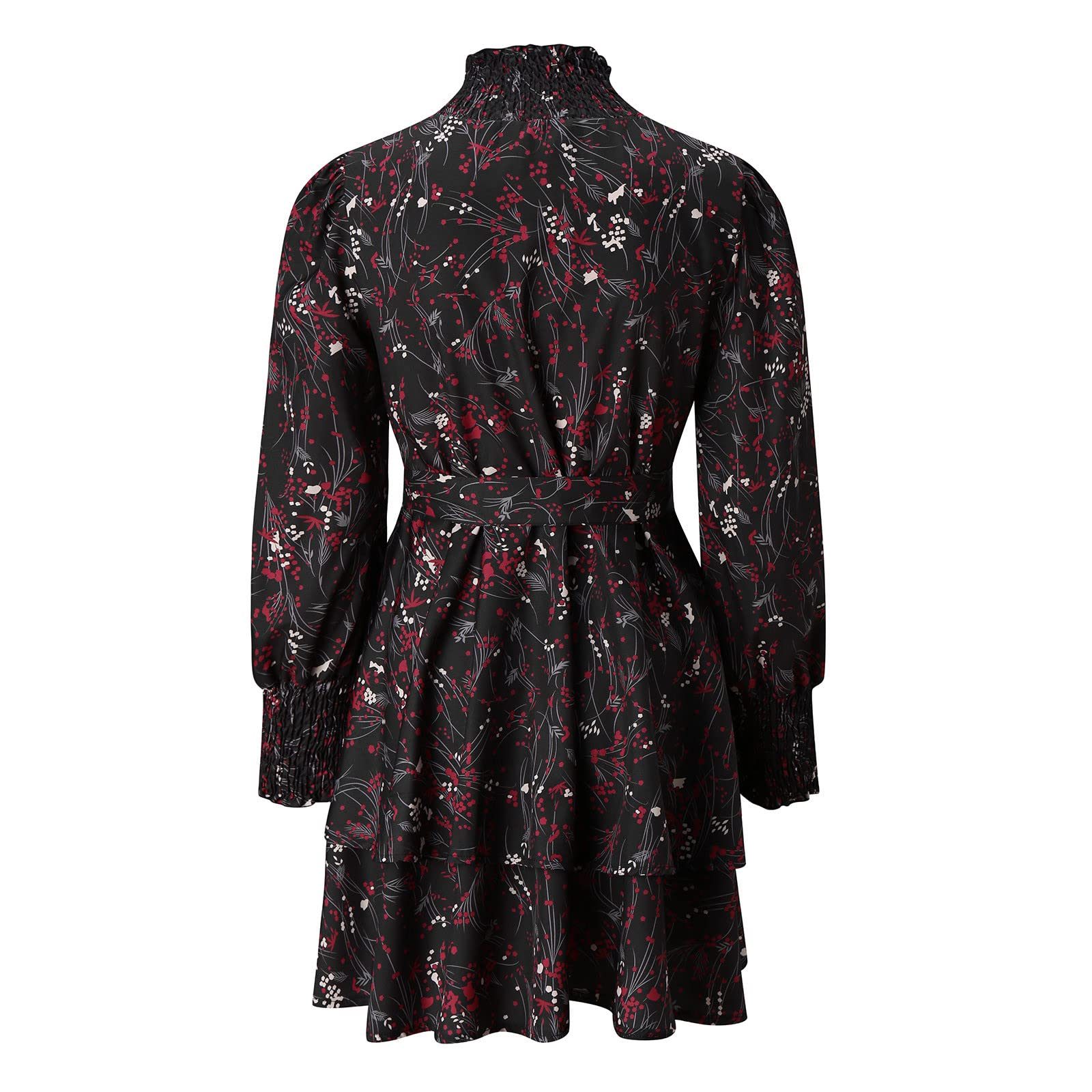 Keepfit Women Elastic High Neck Mini Dress Puff Long Sleeve Floral Printed Layered Hem Dress with Belt Black