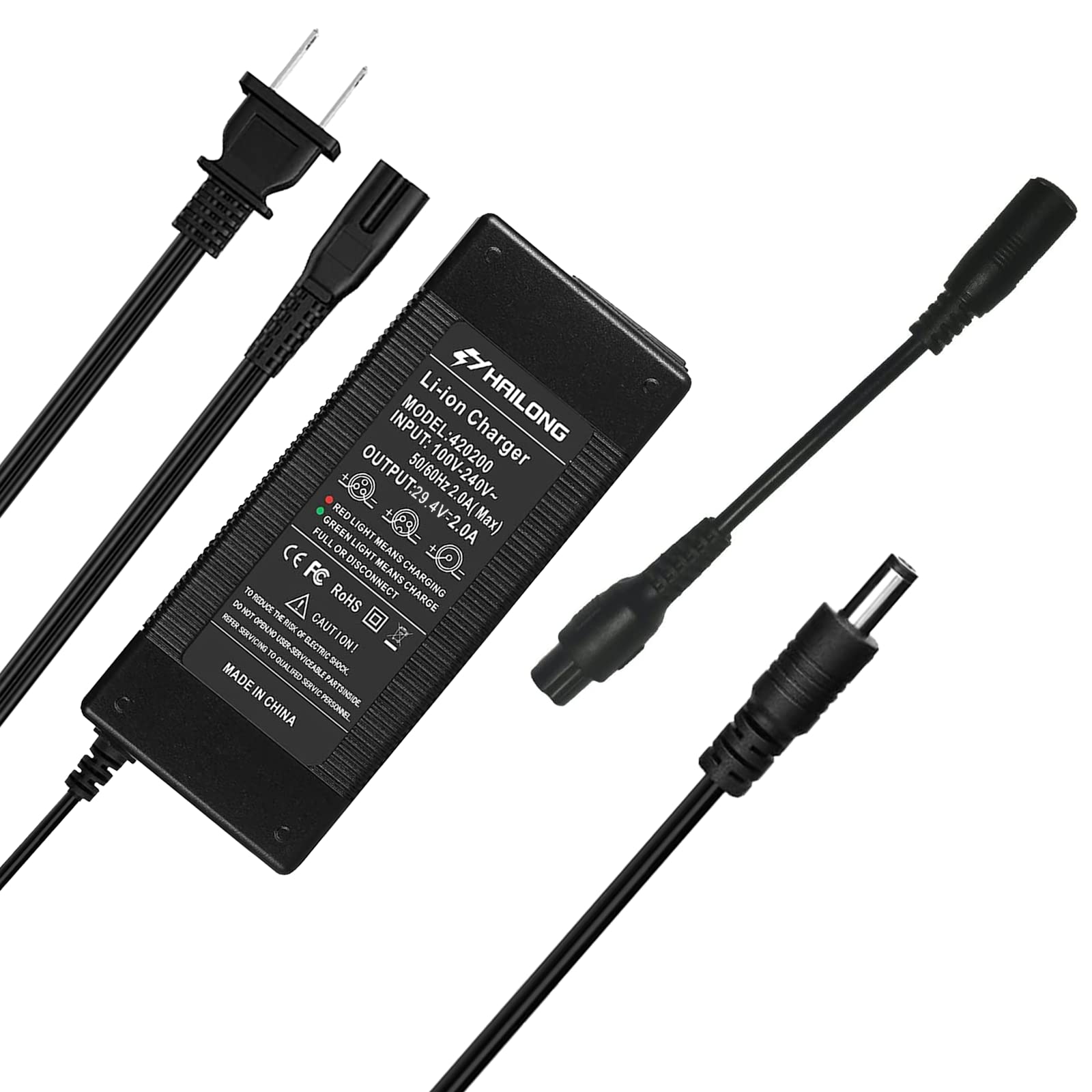 H HAILONG 29.4V 2A Lithium ion Battery Charger for 25.2V 25.9V 24V Battery with 2 Plugs (8mm 3-Prong and DC 5.5 x 2.1 mm Plug)