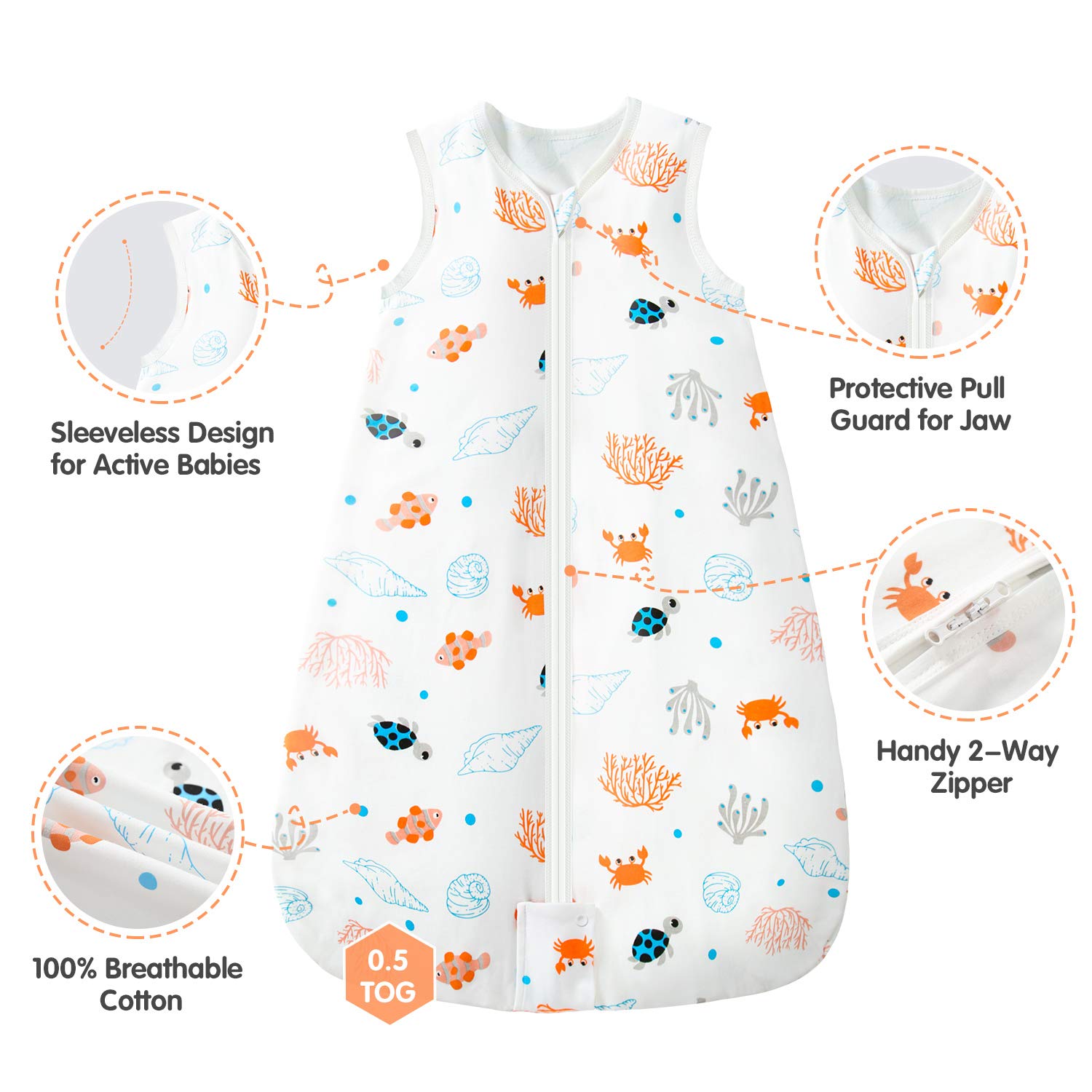 Mosebears Sleep Sack Baby Wearable Blanket with 2-Way Zipper,0.5 TOG Cotton Sleep Sack Unisex (2 Pack, XL(18-24 Months))