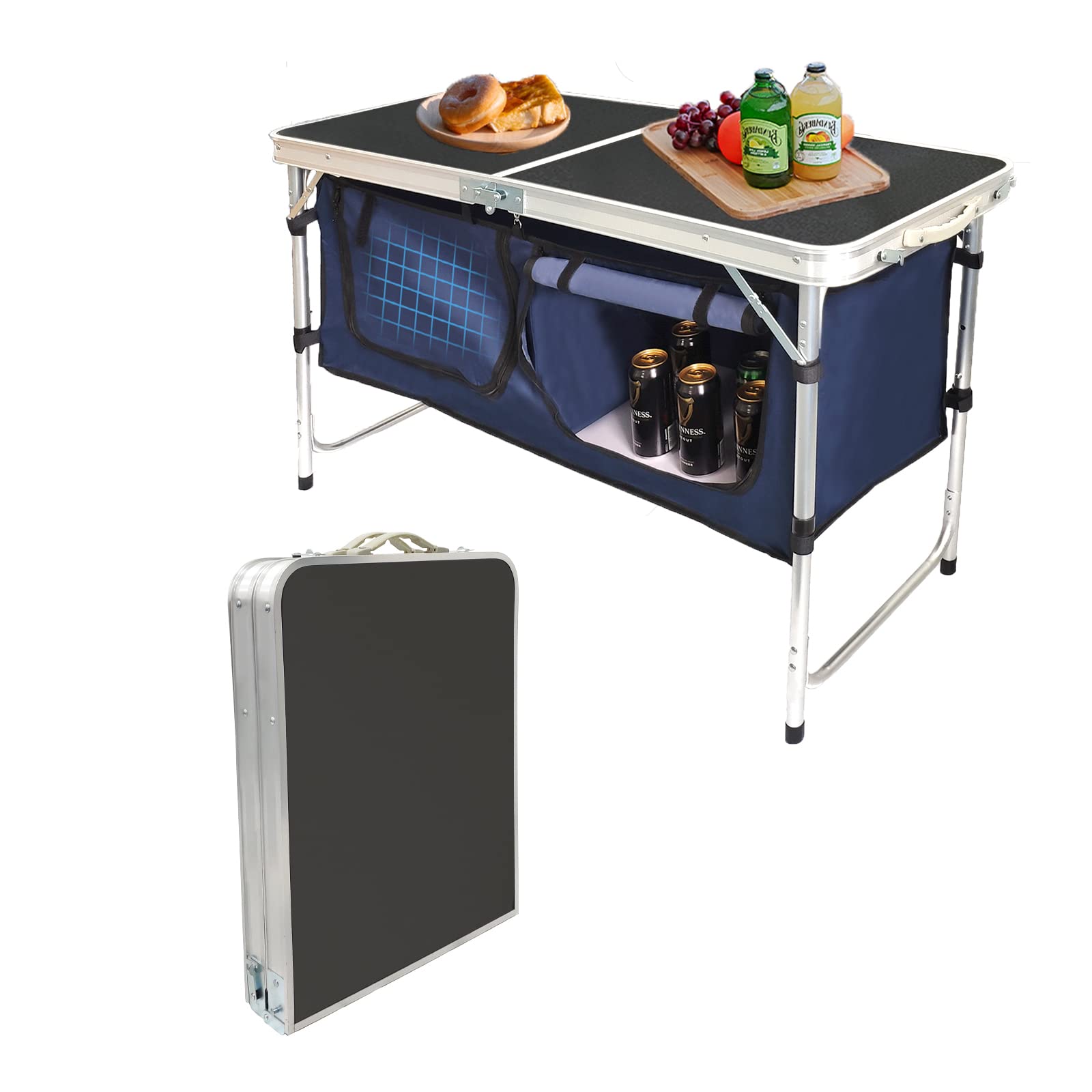 Gocamptoo Outdoor Folding Table with Storage Organizer, Portable Aluminum Lightweight Adjustable Table for Camping, Picnic (BK)