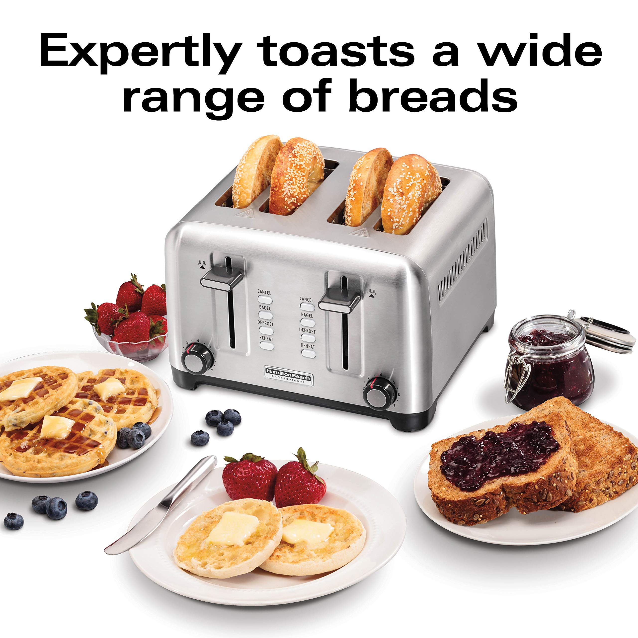 Hamilton Beach Professional Professional 4 Slice Toaster, with Bagel, Defrost & Reheat Settings, Stainless Steel (24990)