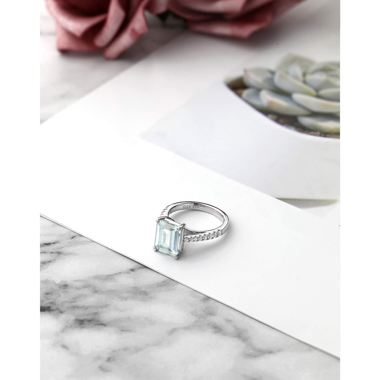 Gem Stone King 925 Sterling Silver Sky Blue Simulated Aquamarine and White Created Sapphire Women Engagement Ring (3.36 Cttw) (Size 7)