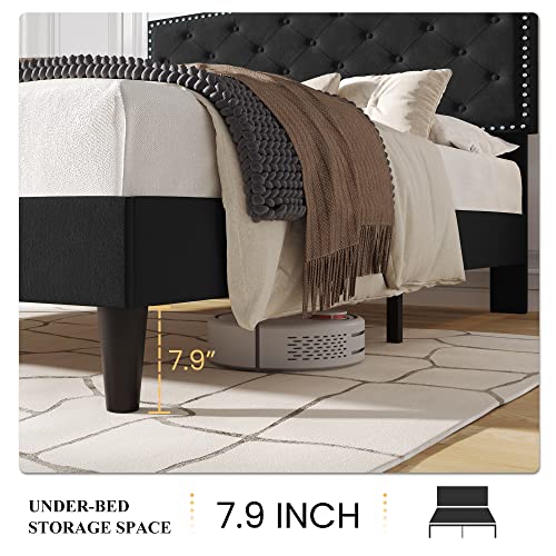 SHA CERLIN Queen Size Velvet Bed Frame, Upholstered Platform Bed with Adjustable Diamond Button Tufted Headboard, Rivet Ornament, Wood Slat Support, No Box Spring Needed, Easy Assembly, Black