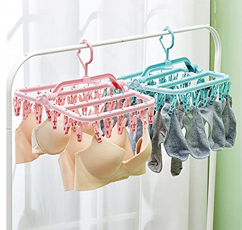 Rivama Foldable Clip Hangers with 32 Clips,Clothes Drying Rack with Clips,Folding Laundry Clip and Drip Drying Hanger for Socks,Underwear,Bras,Lingerie,Towels,Diapers,Baby Clothes,Scarf (Light Pink)