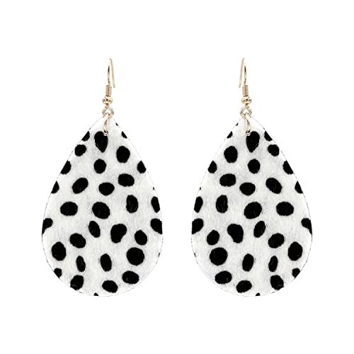 Kathaya Cowhide Both Side Printed Teardrop Hook Earrings Handmade Lightweight Floral Cow Print Earring for Women Girls Dangle Drop Leather Western Earring Set White Black/Brown (Dalmatian)
