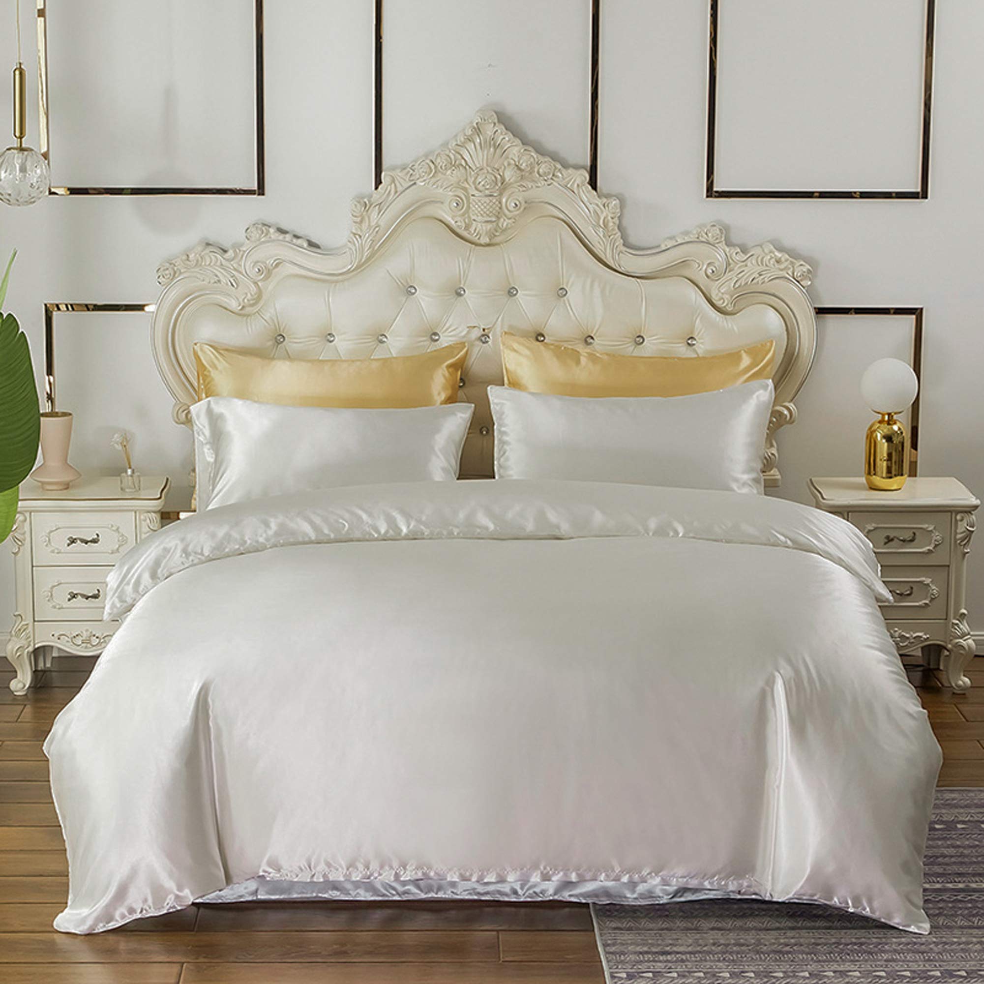 Vagasi White Duvet Cover Set King Size 3 Pieces - Comforter Cover Super Soft with 2 Pillow Shams - Satin Bedding Set Breathable & Smooth with Zipper Closure