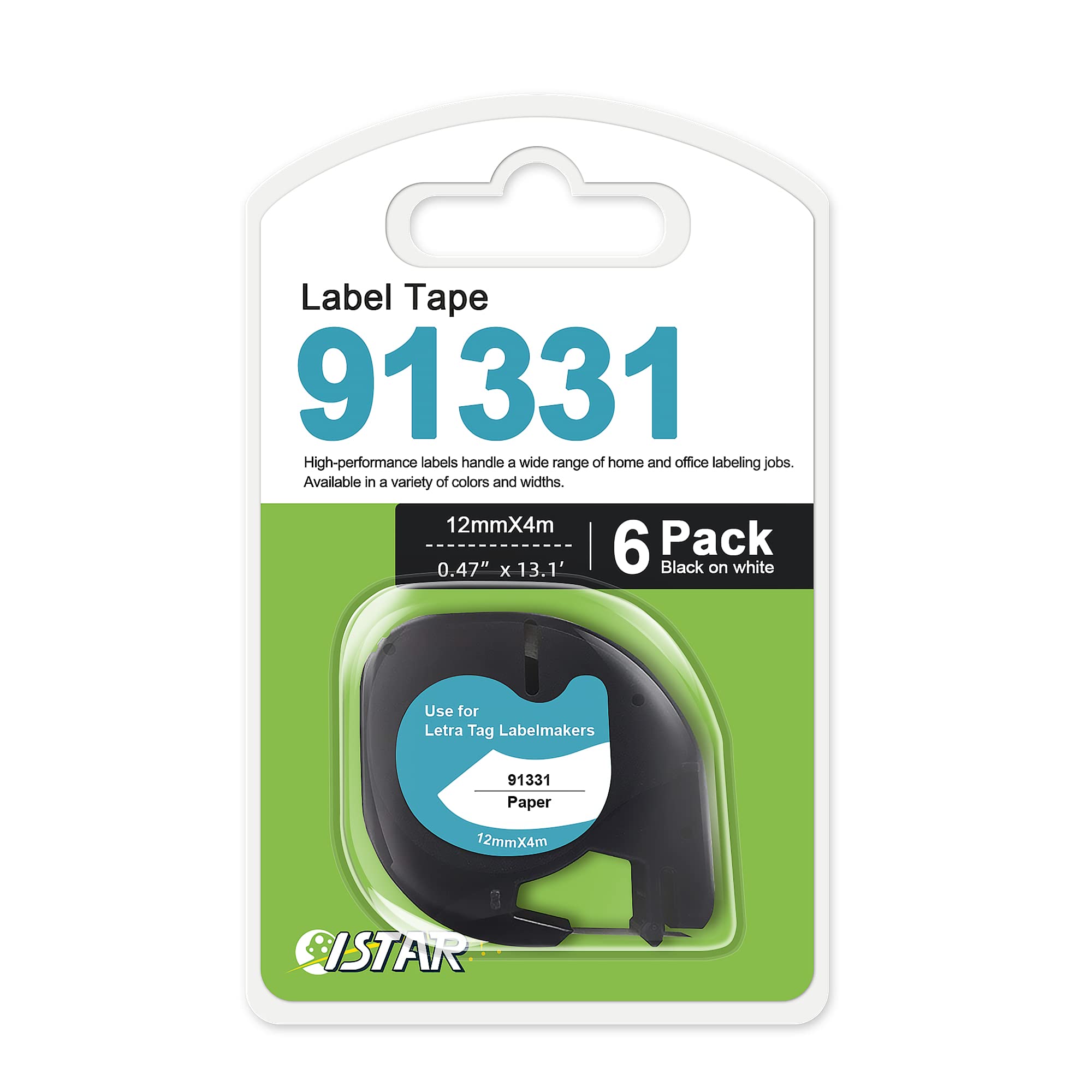 ISTAR Compatible Label Tape Replacement for Dymo Letratag Labeling Refills 91331 (S0721660) to use with Label Maker LT-100T LT-100H LT-110T, 0.47 Inch (12mm) x 13 Feet (4m), Black on Clear, 6-Pack