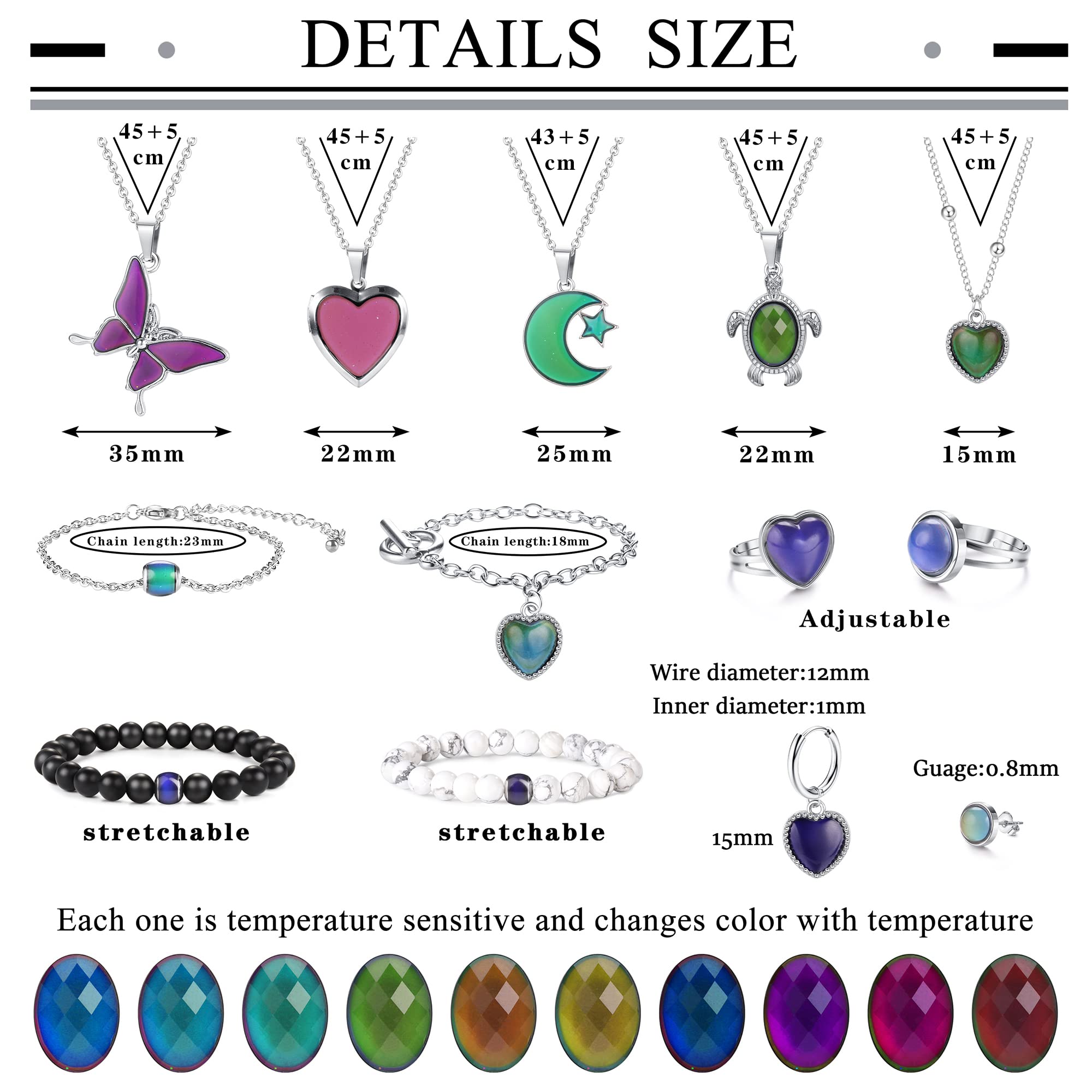 LOLIAS 15Pcs Mood Rings with Mood Necklaces Bracelets and Earrings, Adjustable Temperature Sensing Color Changing Mood Rings, Metal, No Gemstone