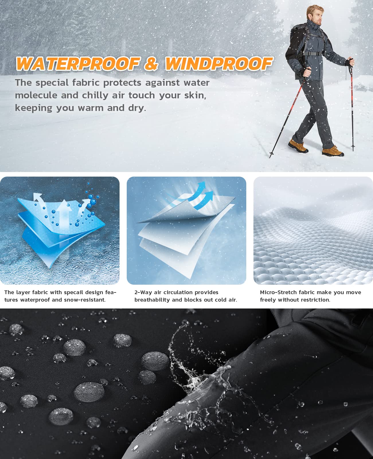 Hiauspor Snow Pants Mens Fleece Lined Winter Hiking Waterproof Ski Insulated Snowboard Outdoor Softshell Pants (Standard, Grey, Medium)
