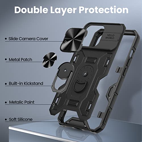 VEGO for iPhone 14 Pro Case, iPhone 14 Pro Kicksand Case with Slide Camera Cover Built-in 360° Rotate Ring Stand Magnetic Shockproof Phone Cover Case for iPhone 14 Pro 6.1 inches 2022 - Black