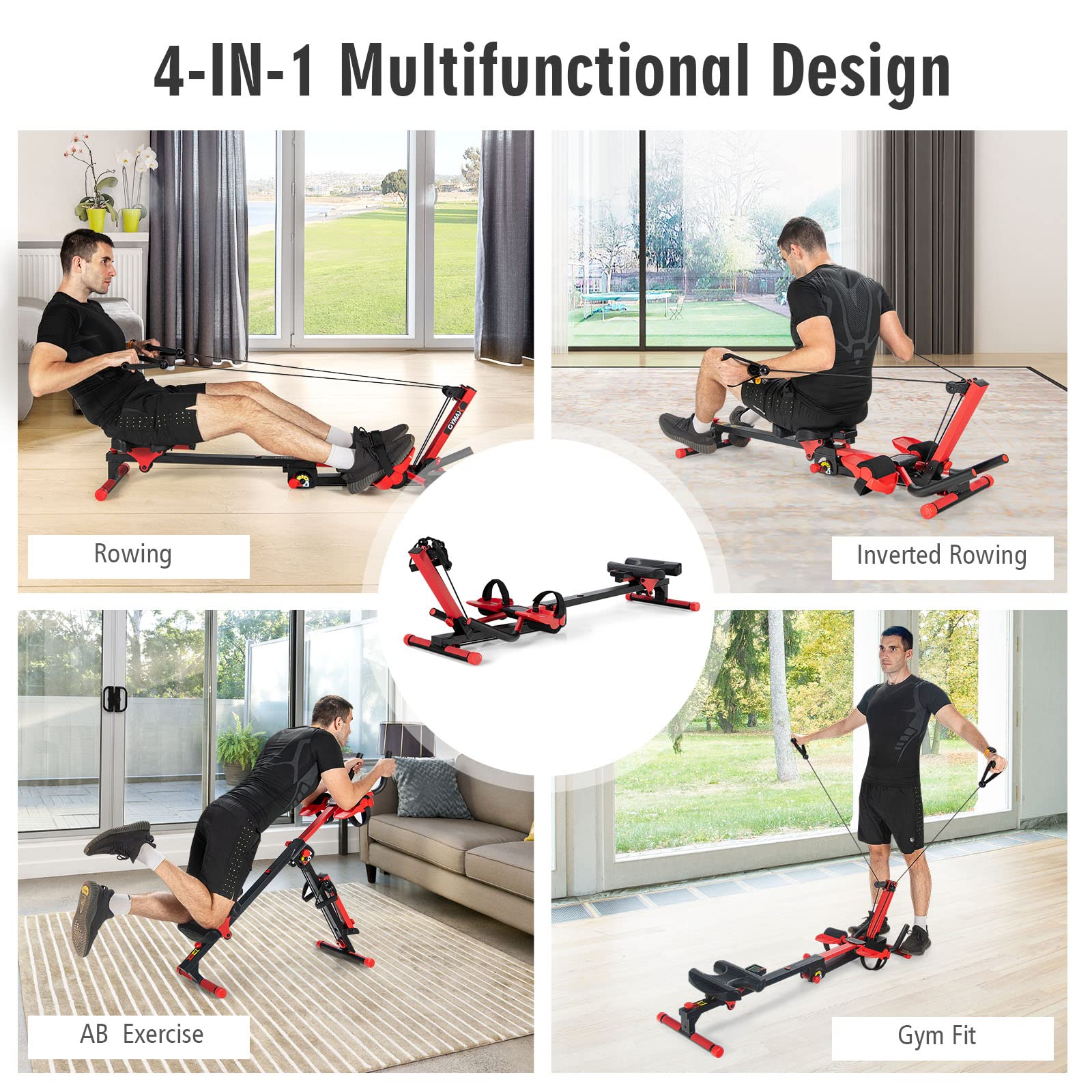 GYMAX 4 in 1 Rowing Machine, Adjustable Ab Machine with Resistance Bands, Multifunctional Rower Abdominal Fitness Equipment Whole Body Workout Machine for Home Gym