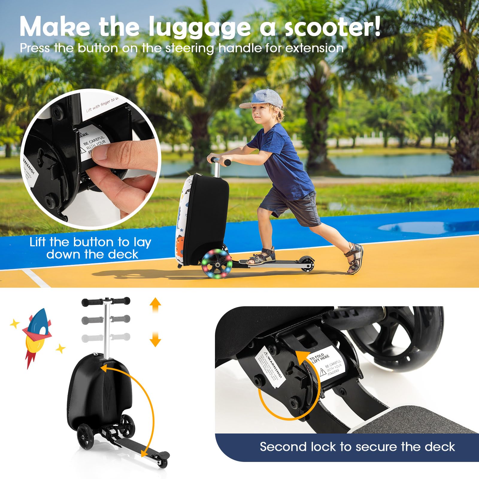 Goplus 2-in-1 Ride On Suitcase Scooter for Kids, 20ββ Carry on Luggage with LED Flashing Wheels, Waterproof Shell, Retractable Steering Handle, Lightweight Folding Scooter for Boys Girls (Dinosaur)