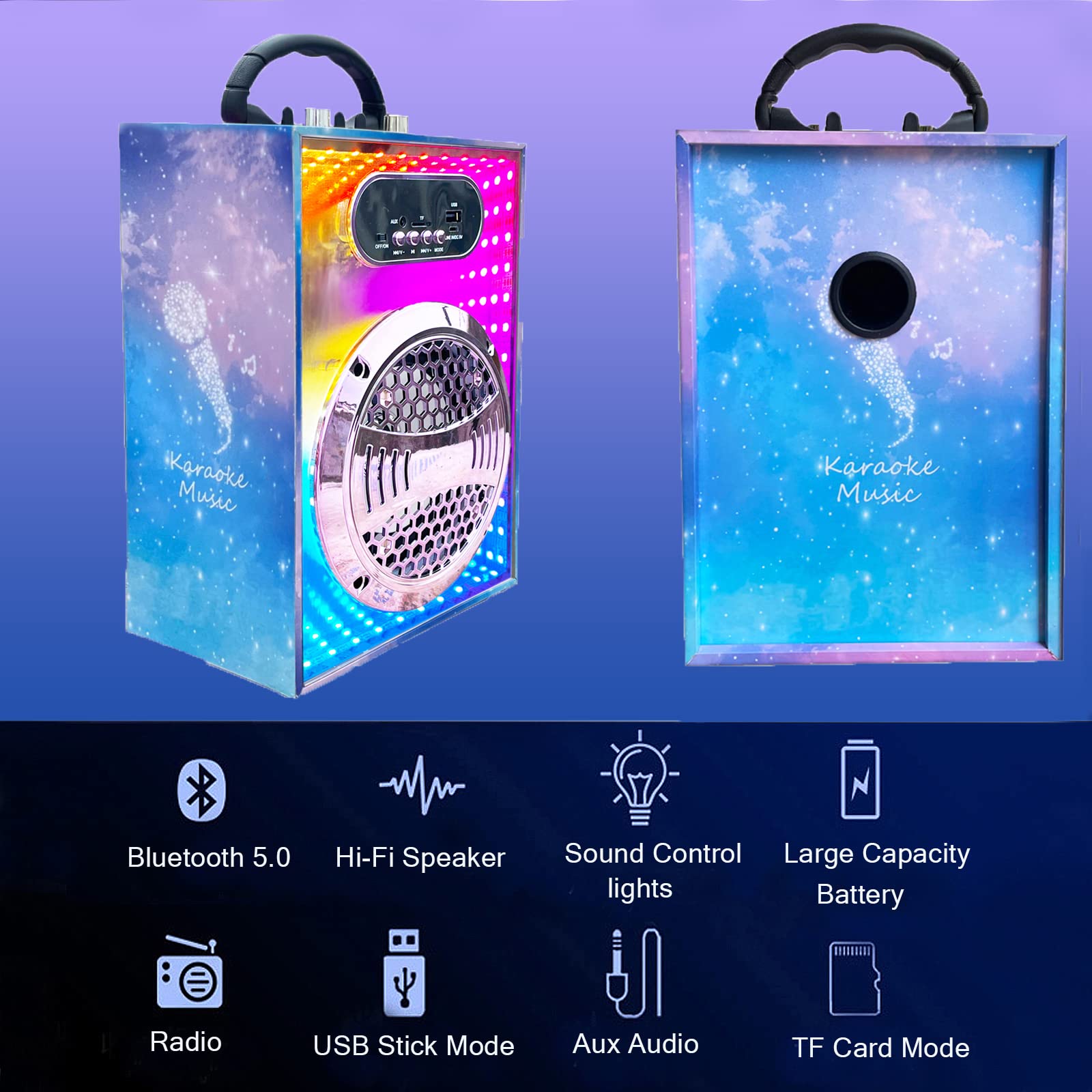 KaraMuizi Bluetooth Karaoke Machine for Kids and Adult, Mirror Surface Wooden Wireless Singing Speaker with 2 Microphones Dancing Light for Party Birthday Gift (Blue Sky)
