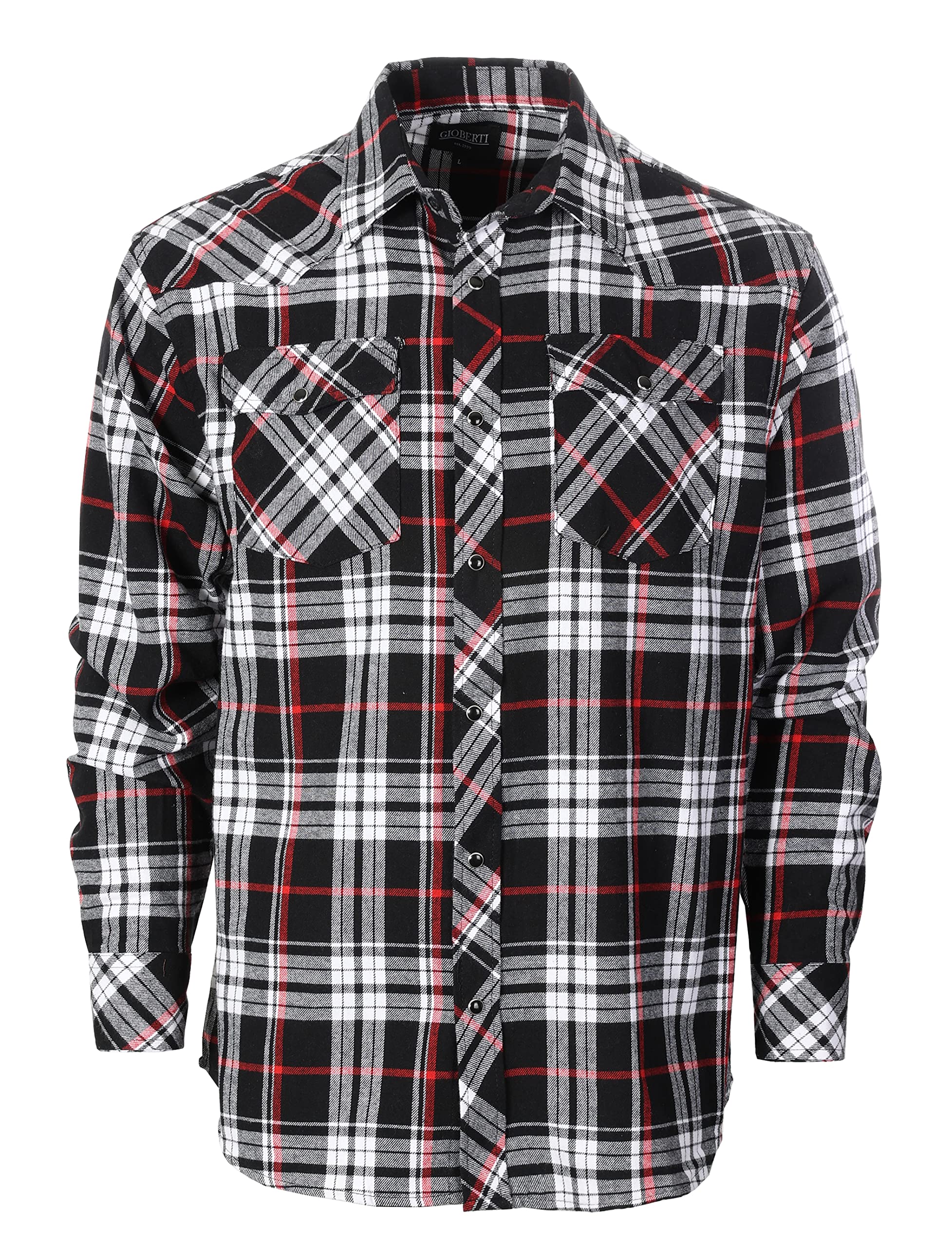 Gioberti Men 100% Cotton Western Flannel Plaid Shirt w/Snap-on Button, Black White Red Line, X-Large