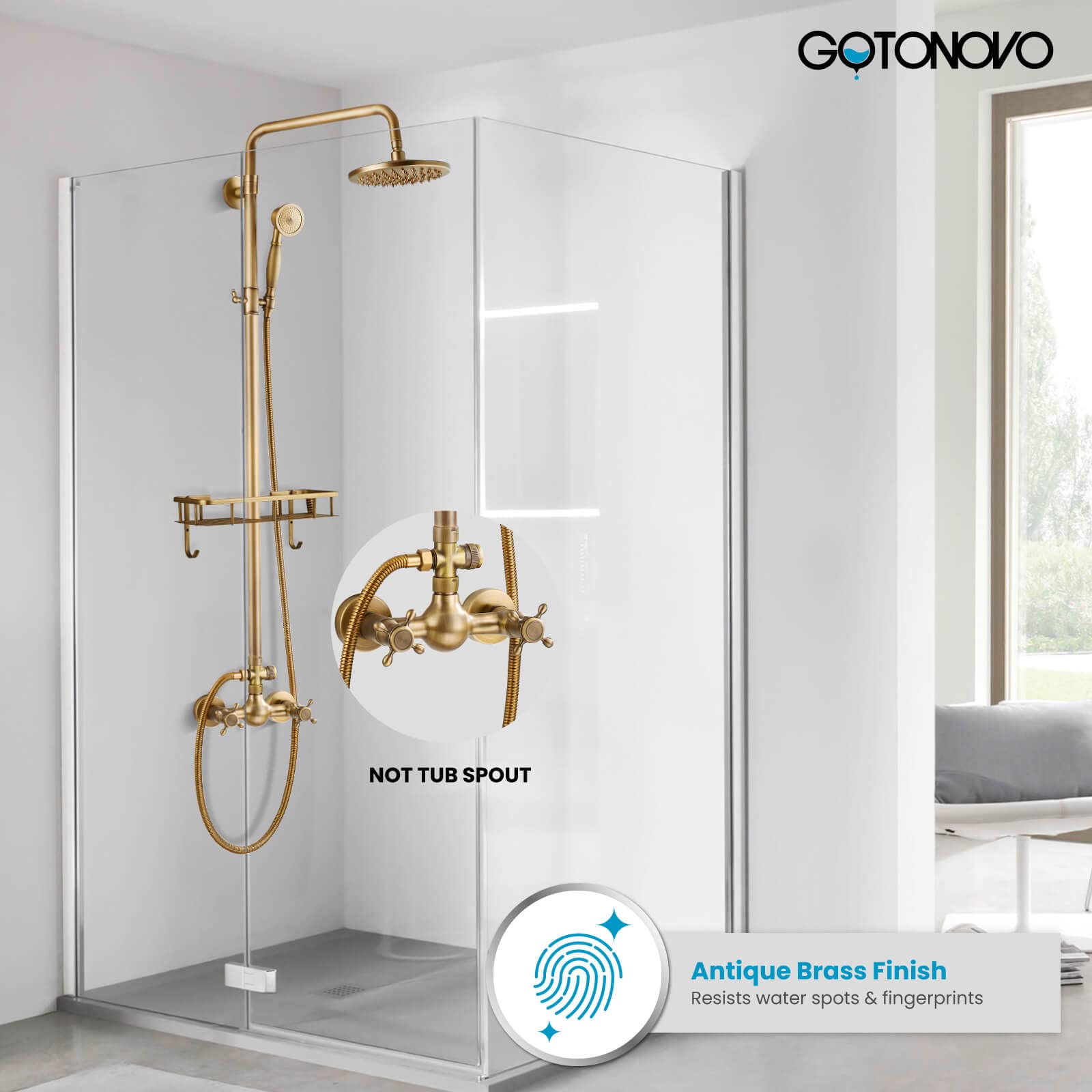gotonovo Exposed Bathroom Shower Faucet with Shower Shelf Antique Brass 8 inch Rainfall Shower Head Wall Mounted Double Cross Handles Handheld Sprayer Shower Shower System Dual Functions