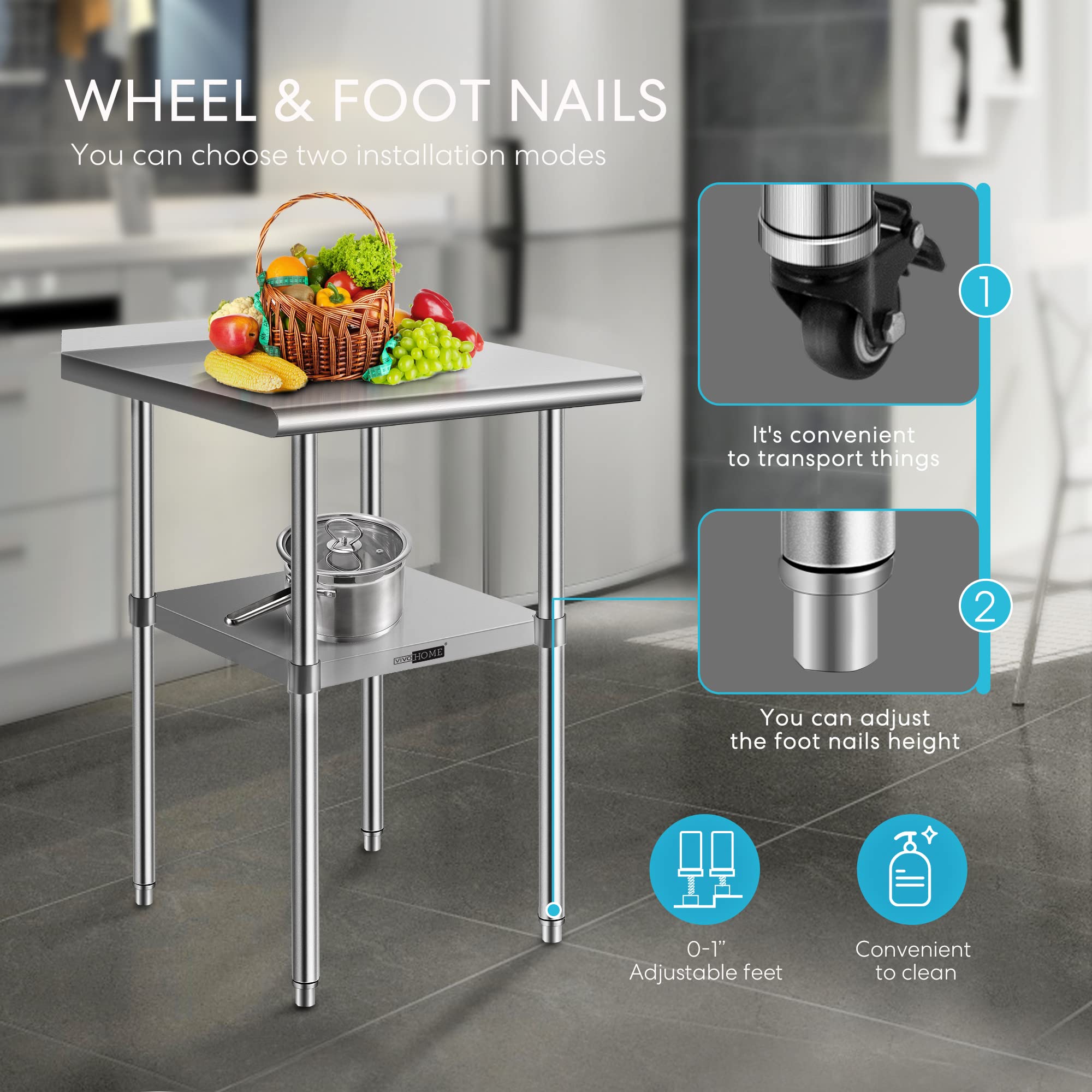 VIVOHOME 24 x 24 Inch Stainless Steel Work Table with Backsplash, Prep Commercial Table with Wheels for Restaurant, Hotel, Home and Warehouse