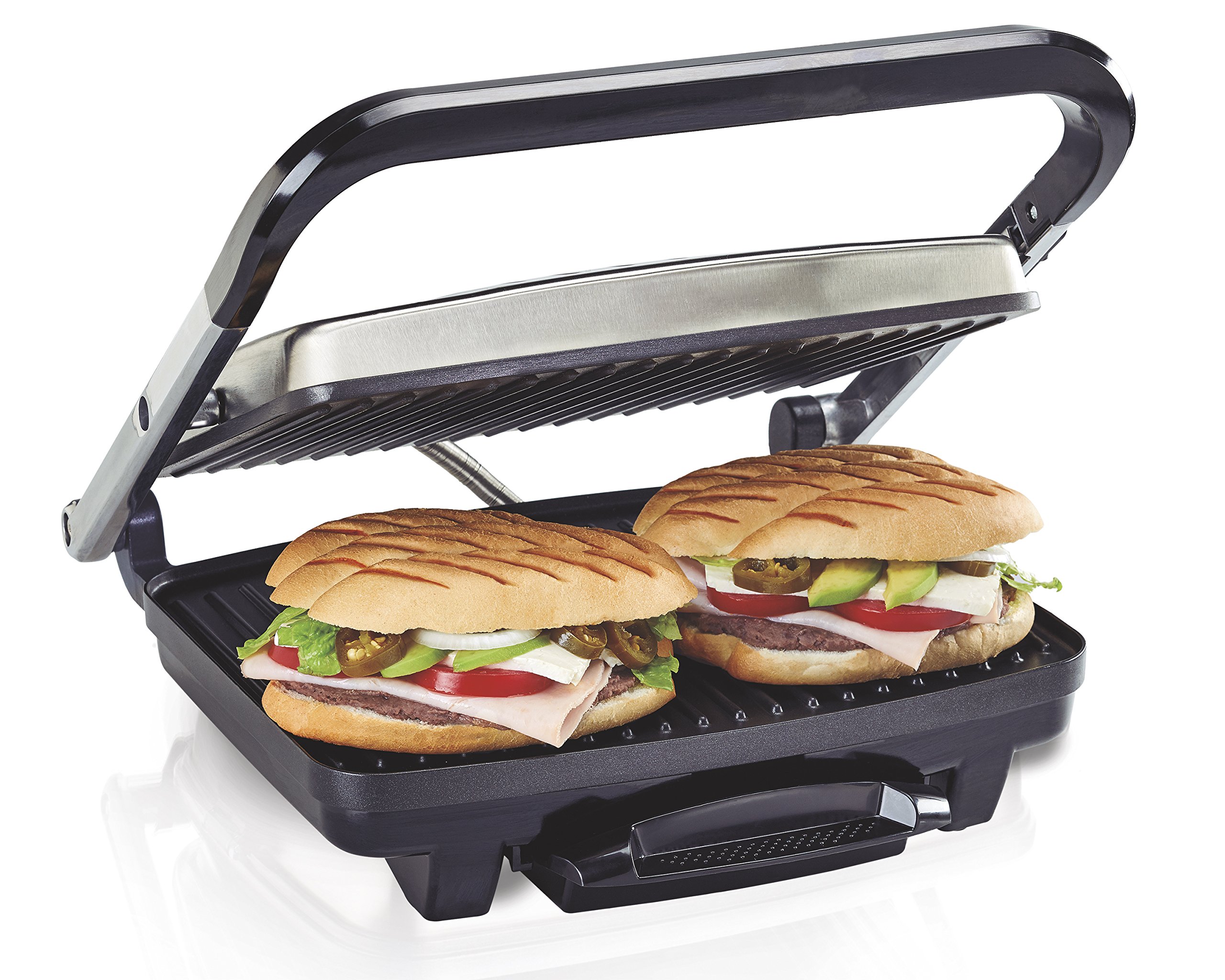 Hamilton Beach Panini Press, Sandwich Maker & Electric Indoor Grill, Upright Storage, Nonstick Easy Clean Grids, Stainless Steel (25410) & Breakfast Sandwich Maker, Silver (25475A)