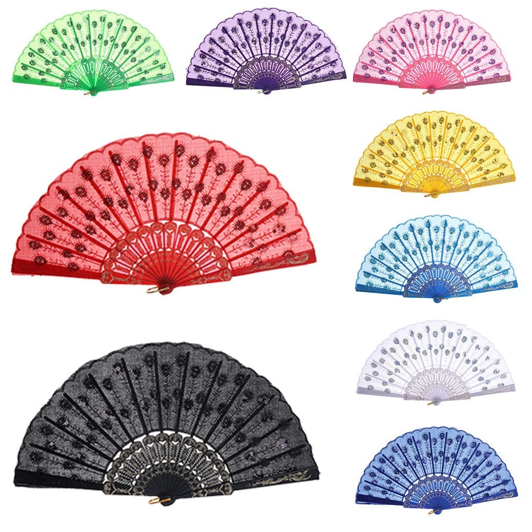 Kavolet Chinese Style Dance Wedding Party Lace Silk Folding Hand Held Flower Fan Party Performance Hand (Color : Red)
