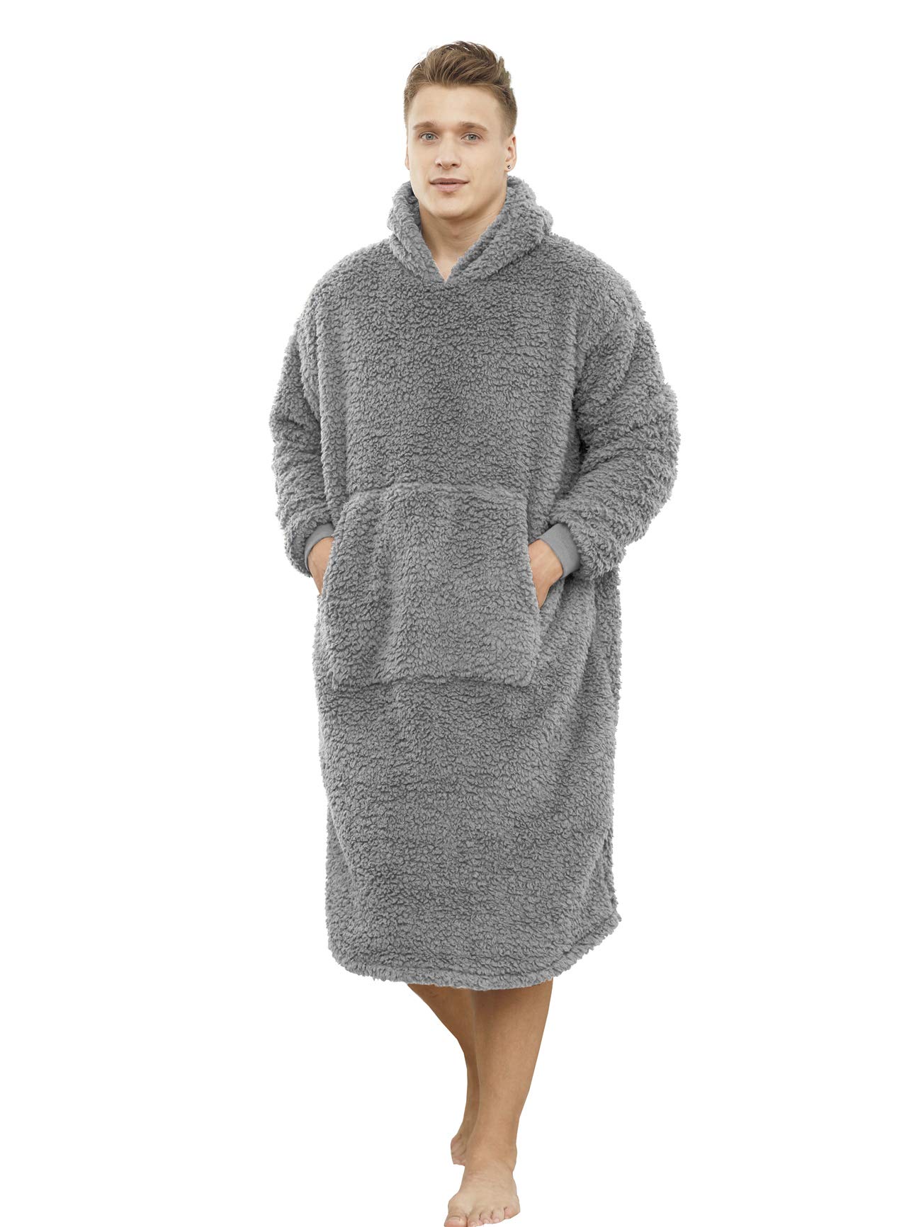 ililmmoe Sherpa Wearable Blanket Oversized Hoodie Sweatshirt TV Blanket with Long Sleeves and Pocket-Gray