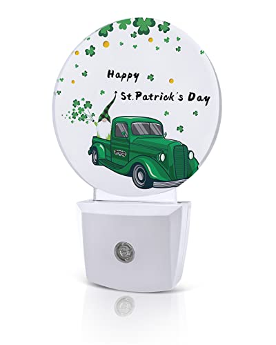 St.Patrick Day Shamrock Truck Night Lights Plug into Wall, Cute Gnomes Green Auto Round LED Lights with Dusk to Dawn Sensor for Bedroom, Bathroom, Hallway, Kitchen, Kids, Home Decor