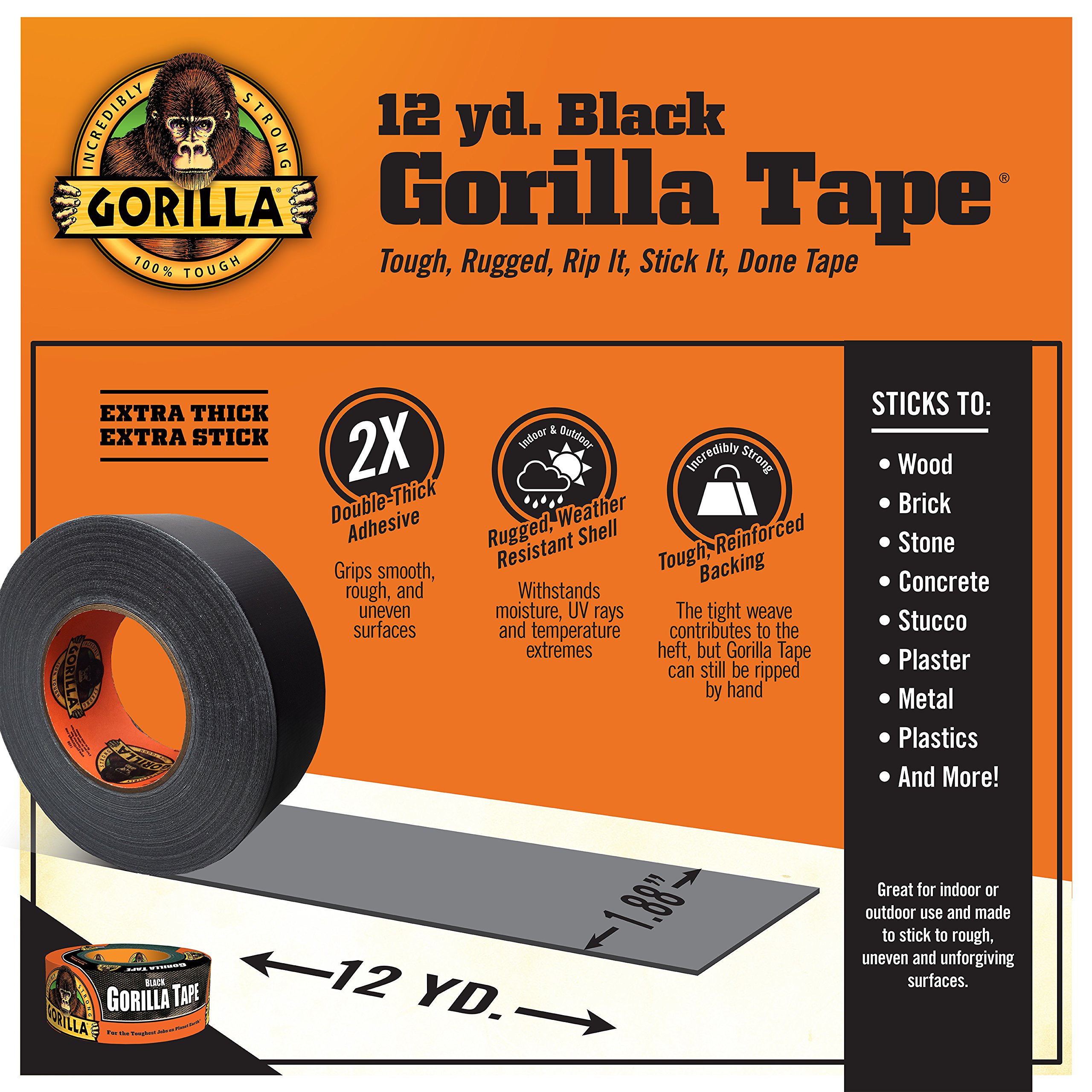 Gorilla Black Duct Tape, 1.88" x 12 yd, Black, (Pack of 6)