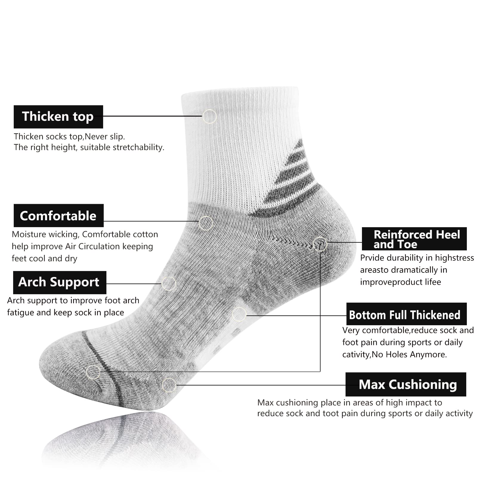 J.WMEET Women's Athletic Ankle Socks Quarter Cushioned Running Socks Hiking Performance Sport Cotton Socks 6 Pack (3 Light grey + 3 Dark grey)