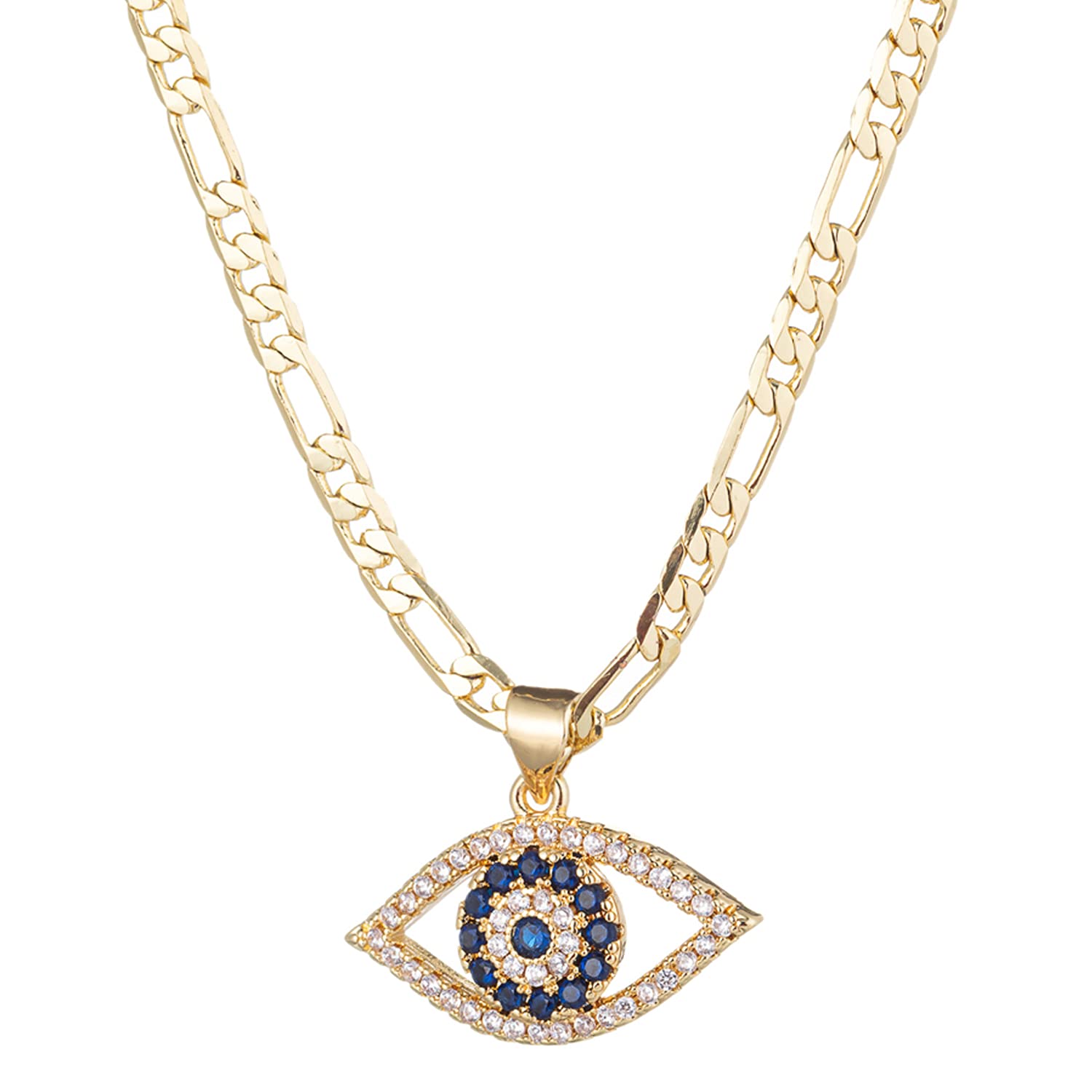 kelistom Evil Eye Necklace for Women | 18K Gold Plated Cubic Zirconia Inlay Evil Eye Pendant Necklace | 3mm Figaro Chain Necklace 18/22 inches (length: 18", eye-1)