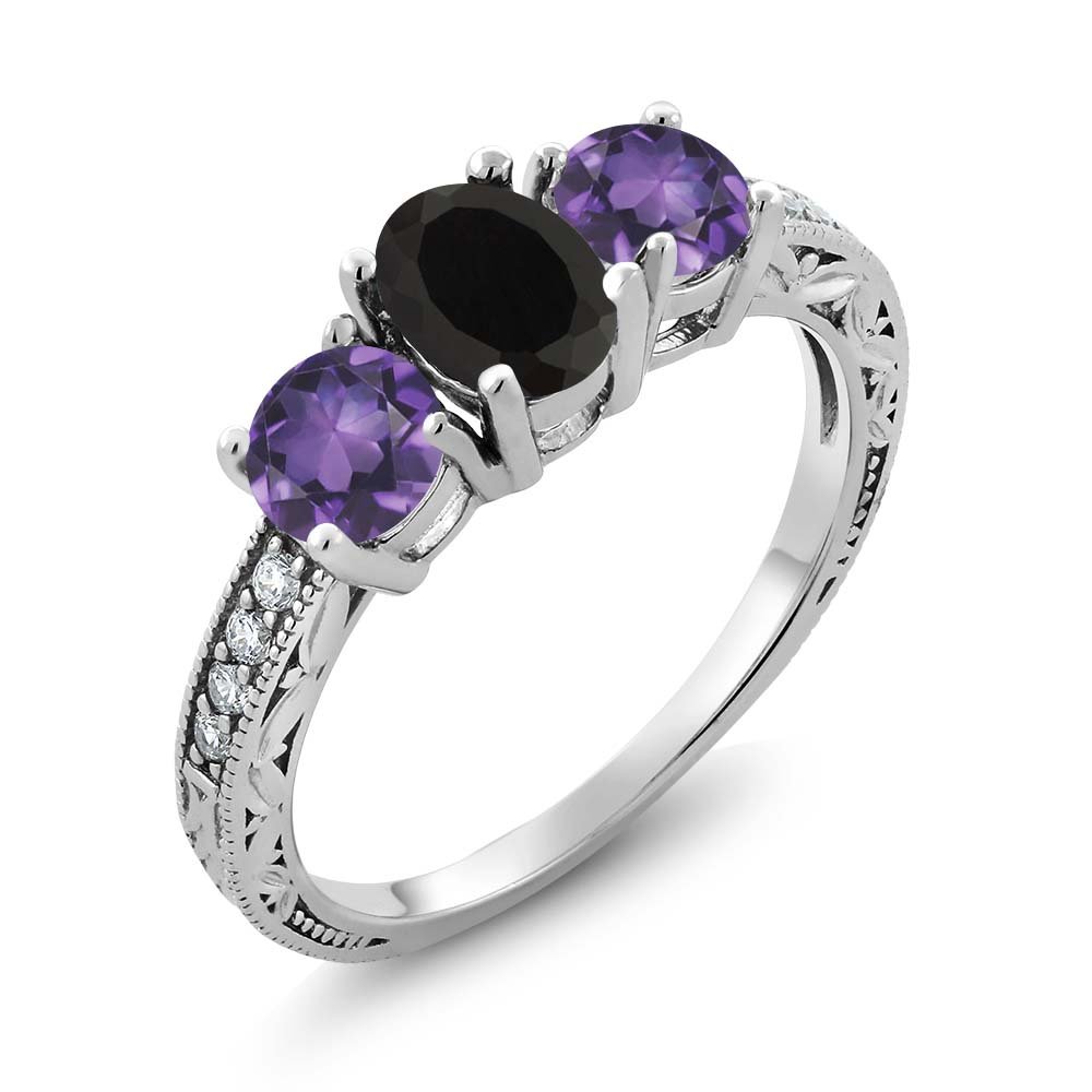 Gem Stone King 925 Sterling Silver Black Onyx and Purple Amethyst Engagement Ring For Women (1.82 Cttw, Gemstone Birthstone, Available In Size 5, 6, 7, 8, 9)