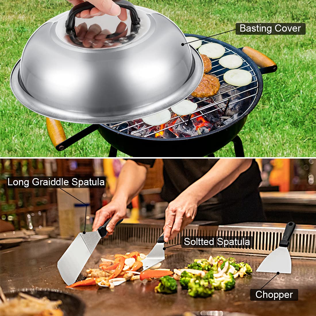 Griddle Accessories Kit - 15 PCS Griddle Grill Tools Set with Stainless Long Spatula Set, Basting Cover, Fork, Fish Turner, Chopper, Scraper, Grill Tongs, Perfect for BBQ and Camping