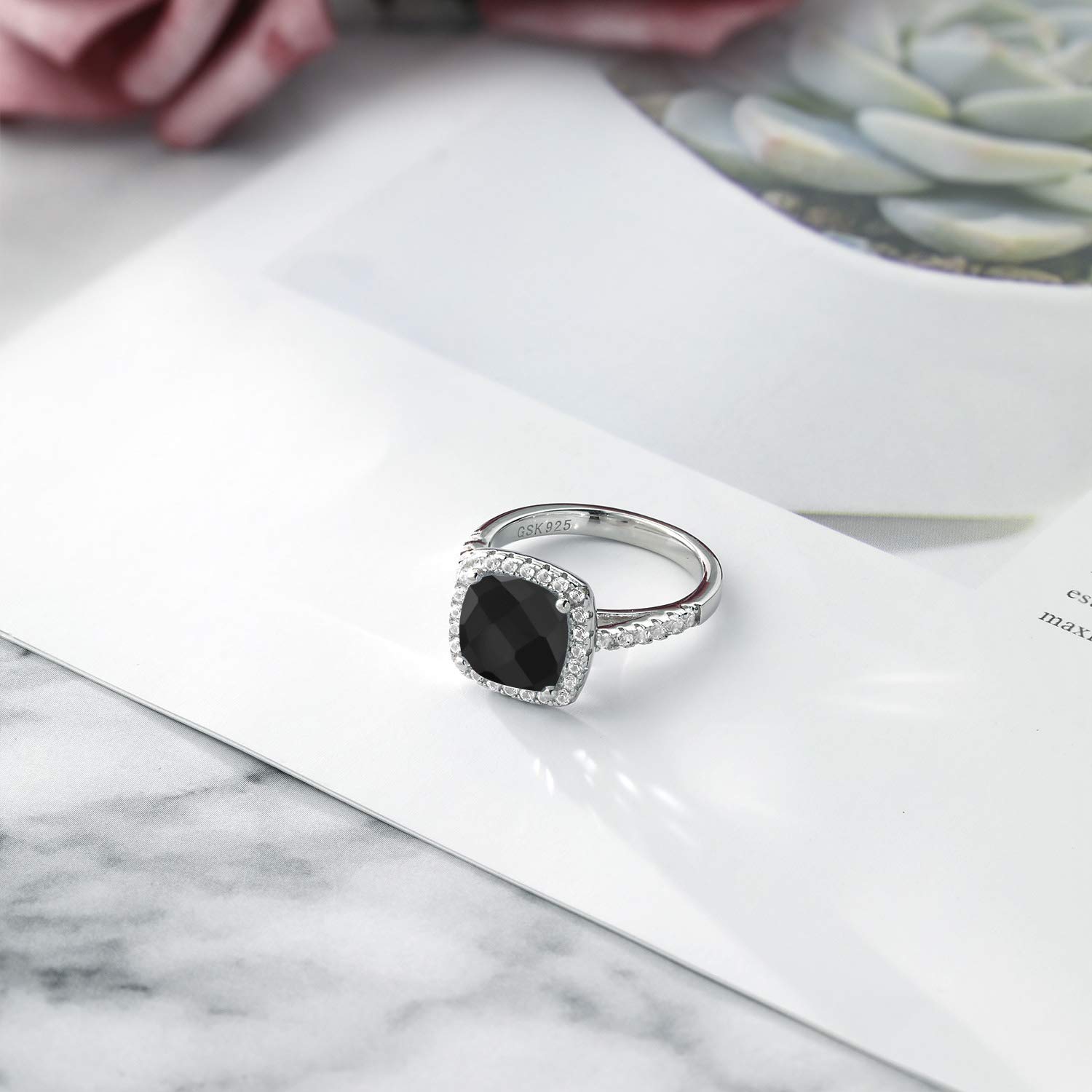 Gem Stone King 925 Sterling Silver Black Onyx and White Created Sapphire Ring For Women (2.61 Cttw, Cushion Checkerboard 8MM, Gemstone Birthstone, Available In Size 5, 6, 7, 8, 9)